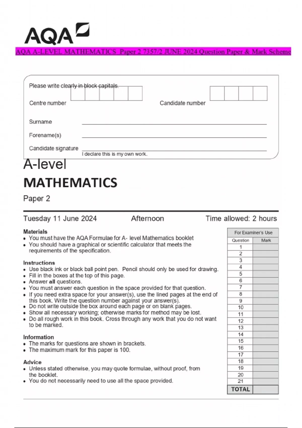 AQA A-LEVEL MATHEMATICS Paper 3 JUNE 2024 Question Paper & Mark Scheme ...