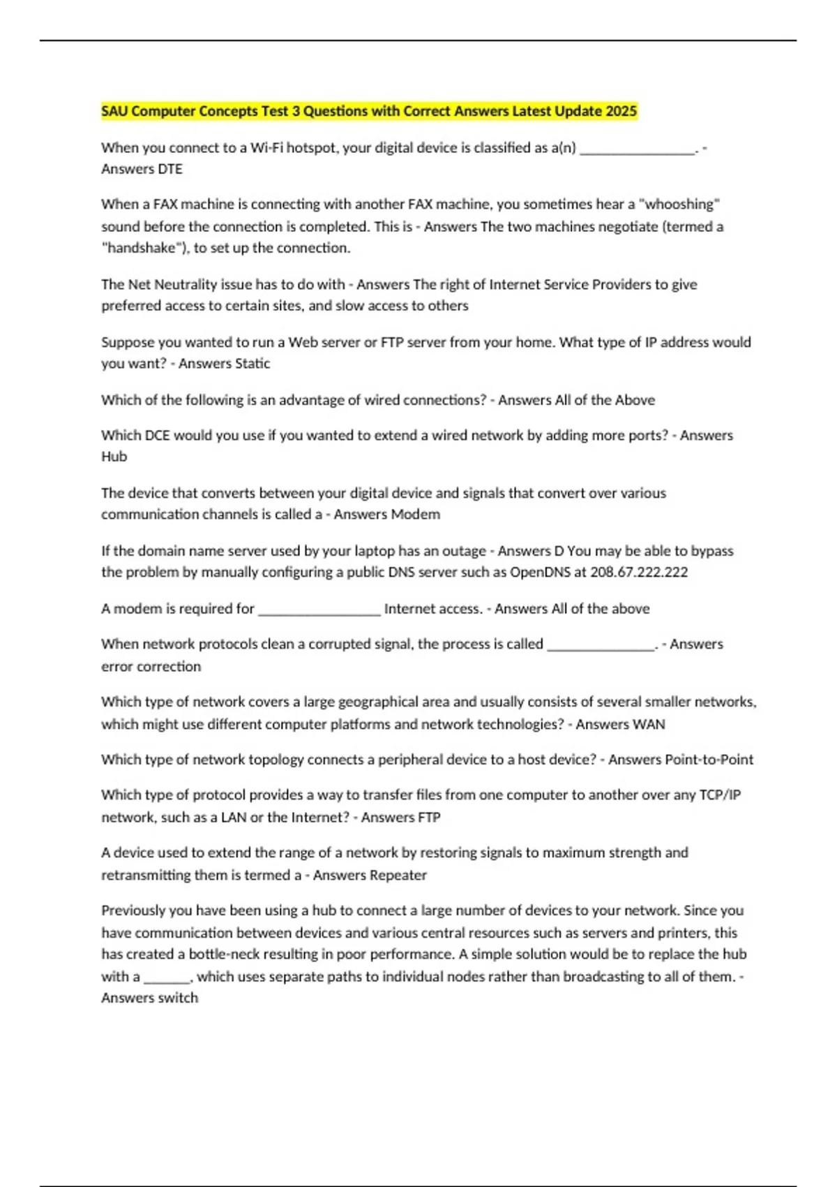 SAU Computer Concepts Test 3 Questions with Correct Answers Latest ...