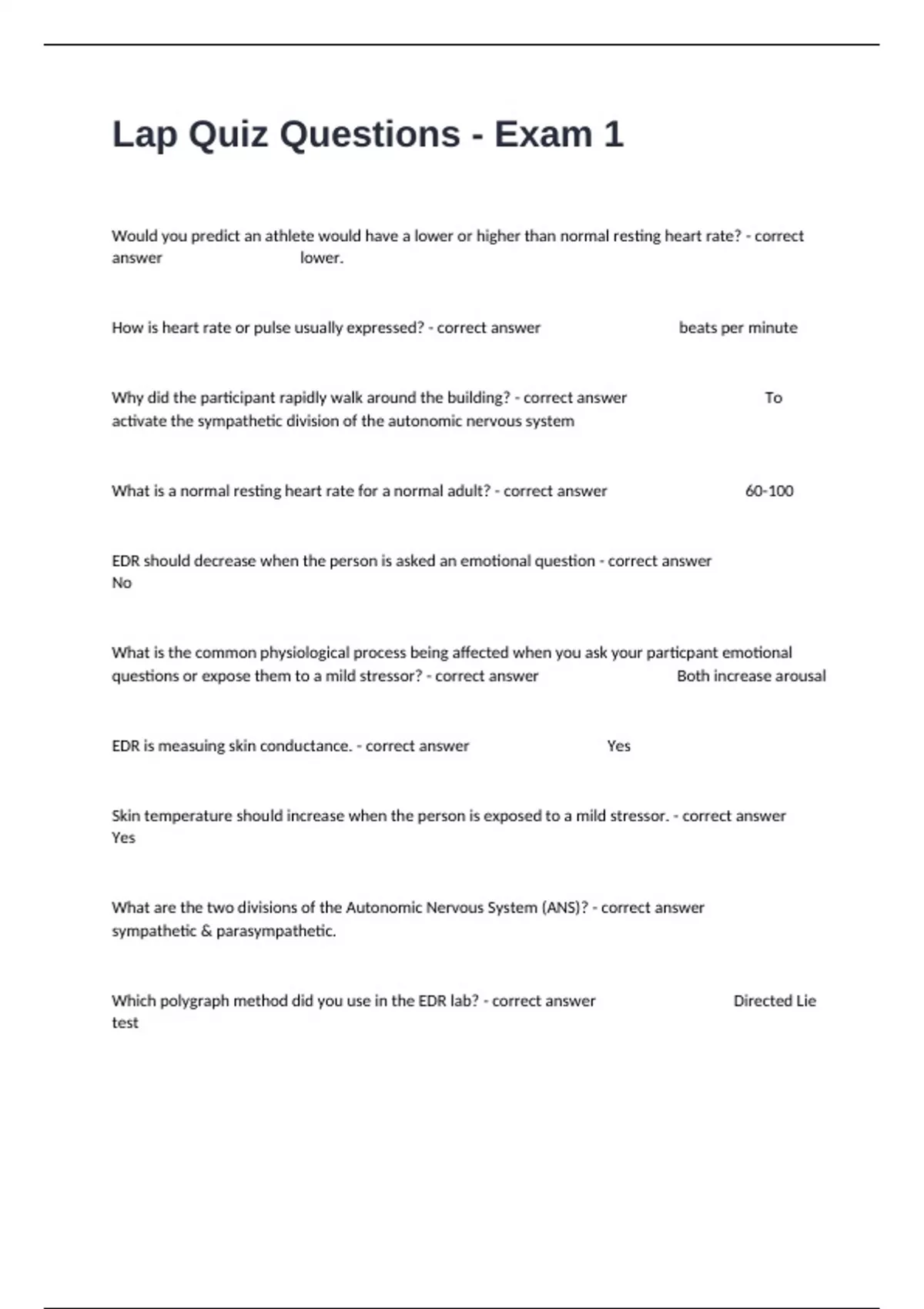 Lap Quiz Questions - Exam 1 Actual Questions With Correct Detailed ...