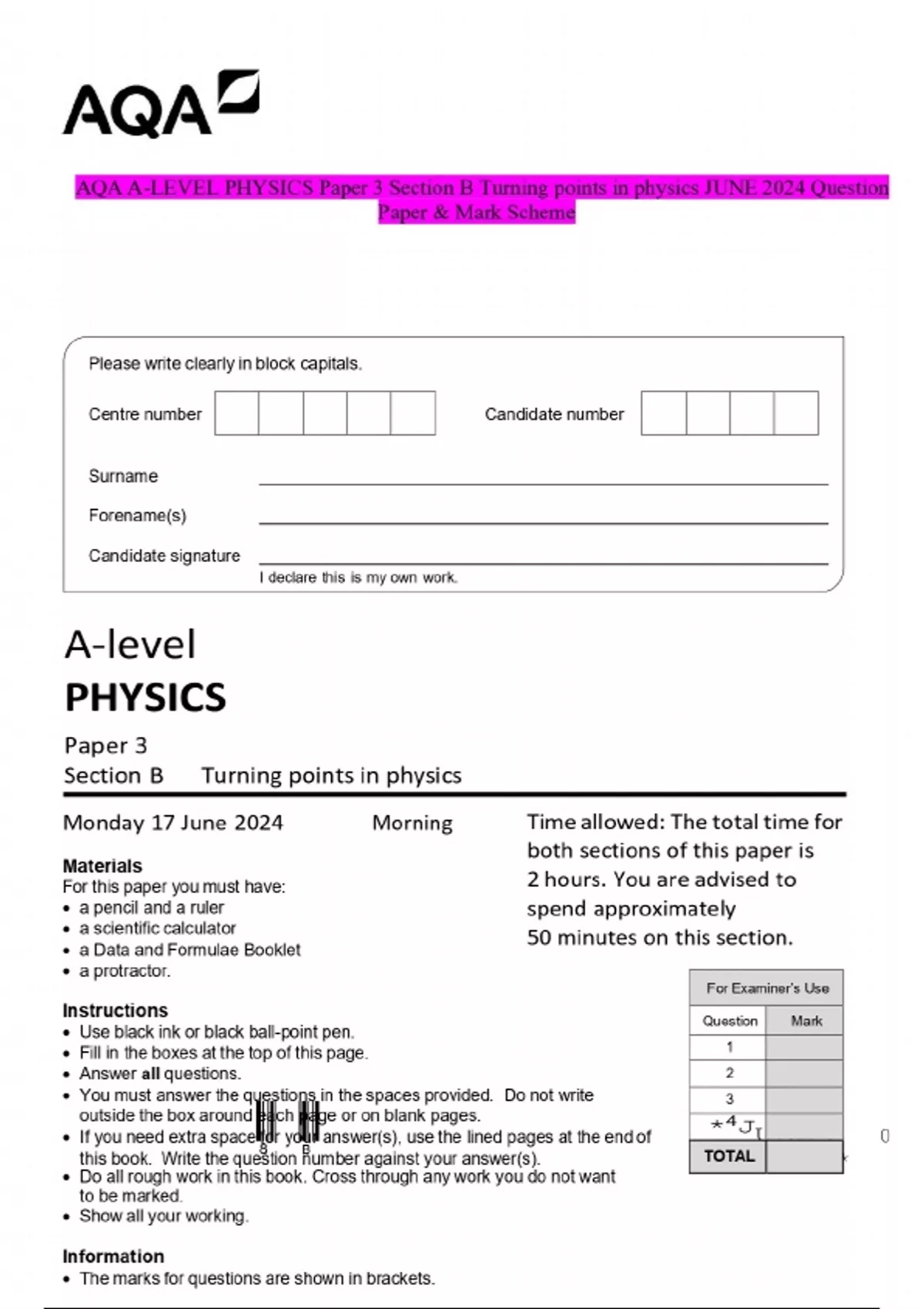 AQA A-LEVEL PHYSICS Paper 3 Section B Turning points in physics JUNE ...