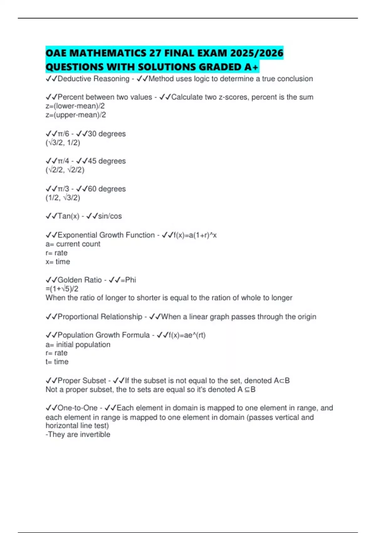 OAE MATHEMATICS 27 FINAL EXAM 2025/2026 QUESTIONS WITH SOLUTIONS GRADED ...