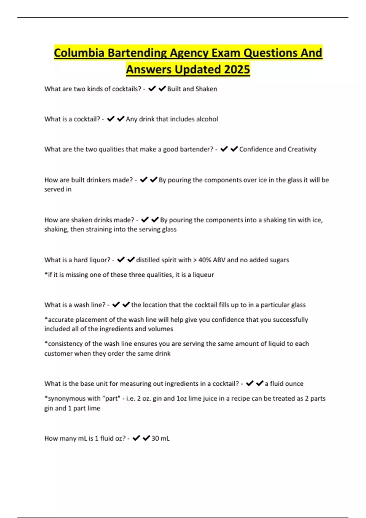 Columbia Bartending Agency Exam Questions And Answers Updated 2025 - E ...