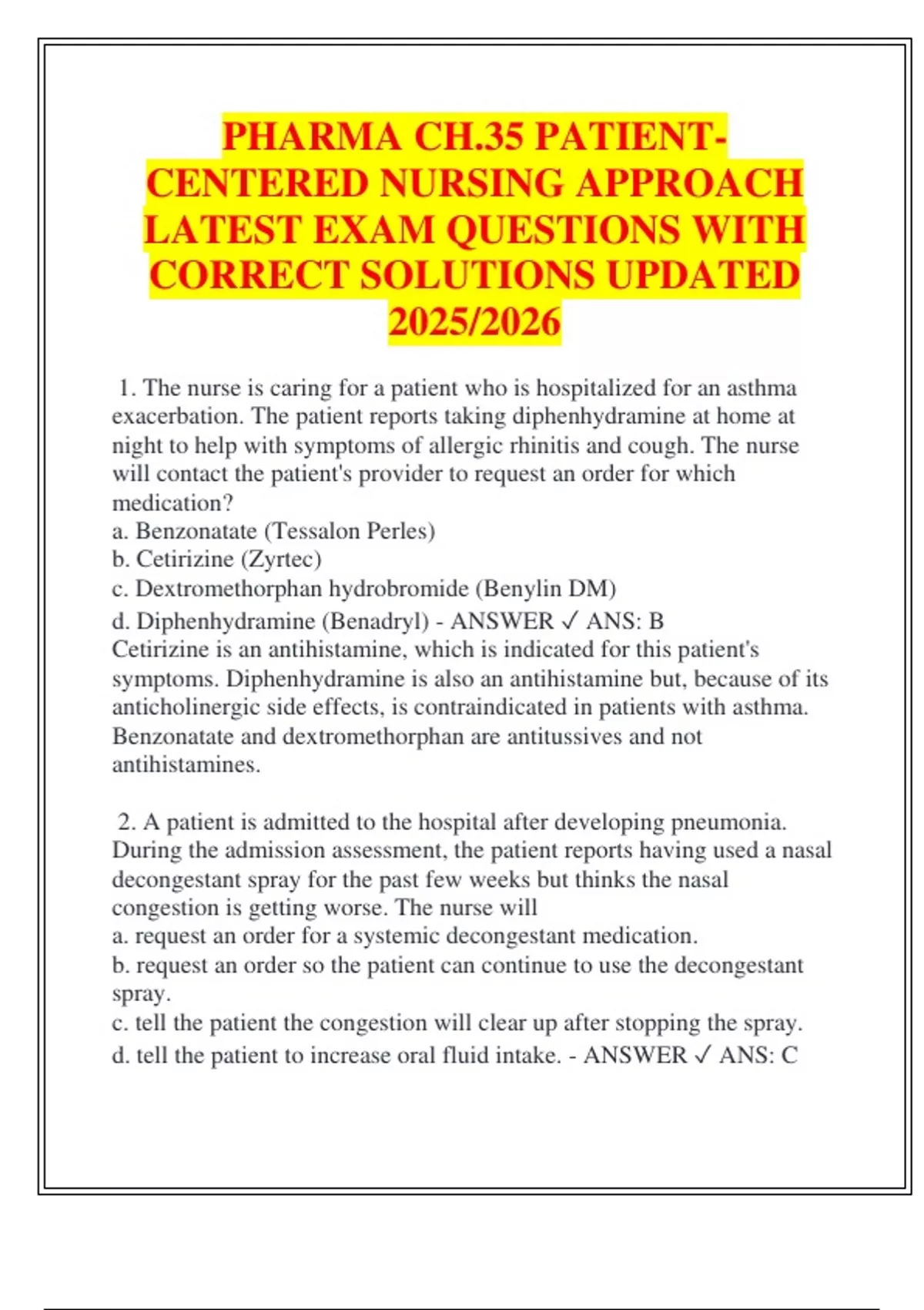 PHARMA CH.35 PATIENT CENTERED NURSING APPROACH LATEST EXAM QUESTIONS ...