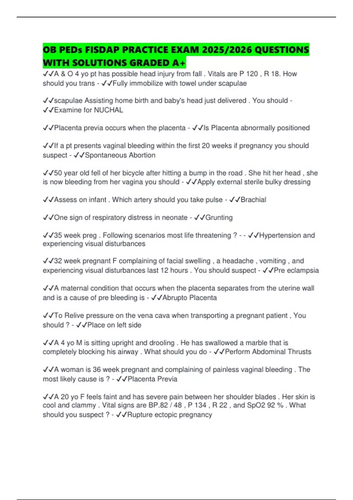 OB PEDs FISDAP PRACTICE EXAM 2025/2026 QUESTIONS WITH SOLUTIONS GRADED ...