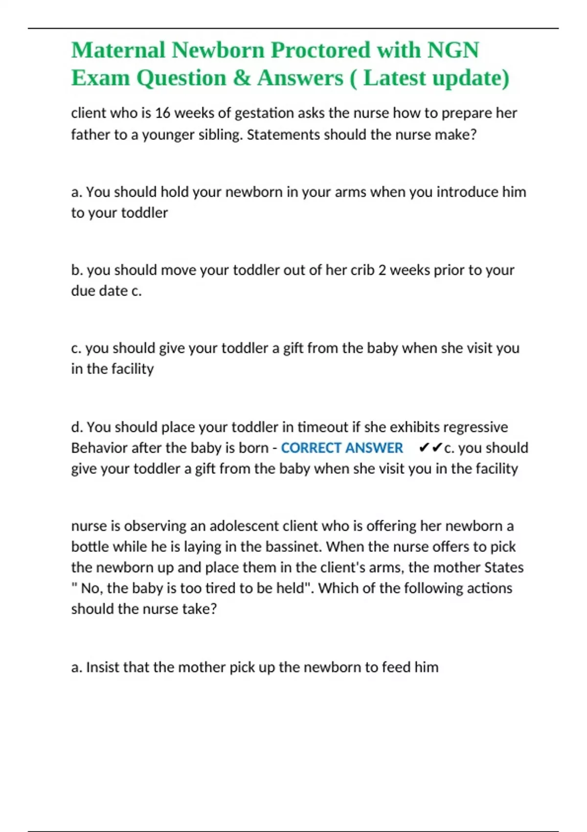 Maternal Newborn Proctored with NGN Exam Question & Answers ( Latest ...