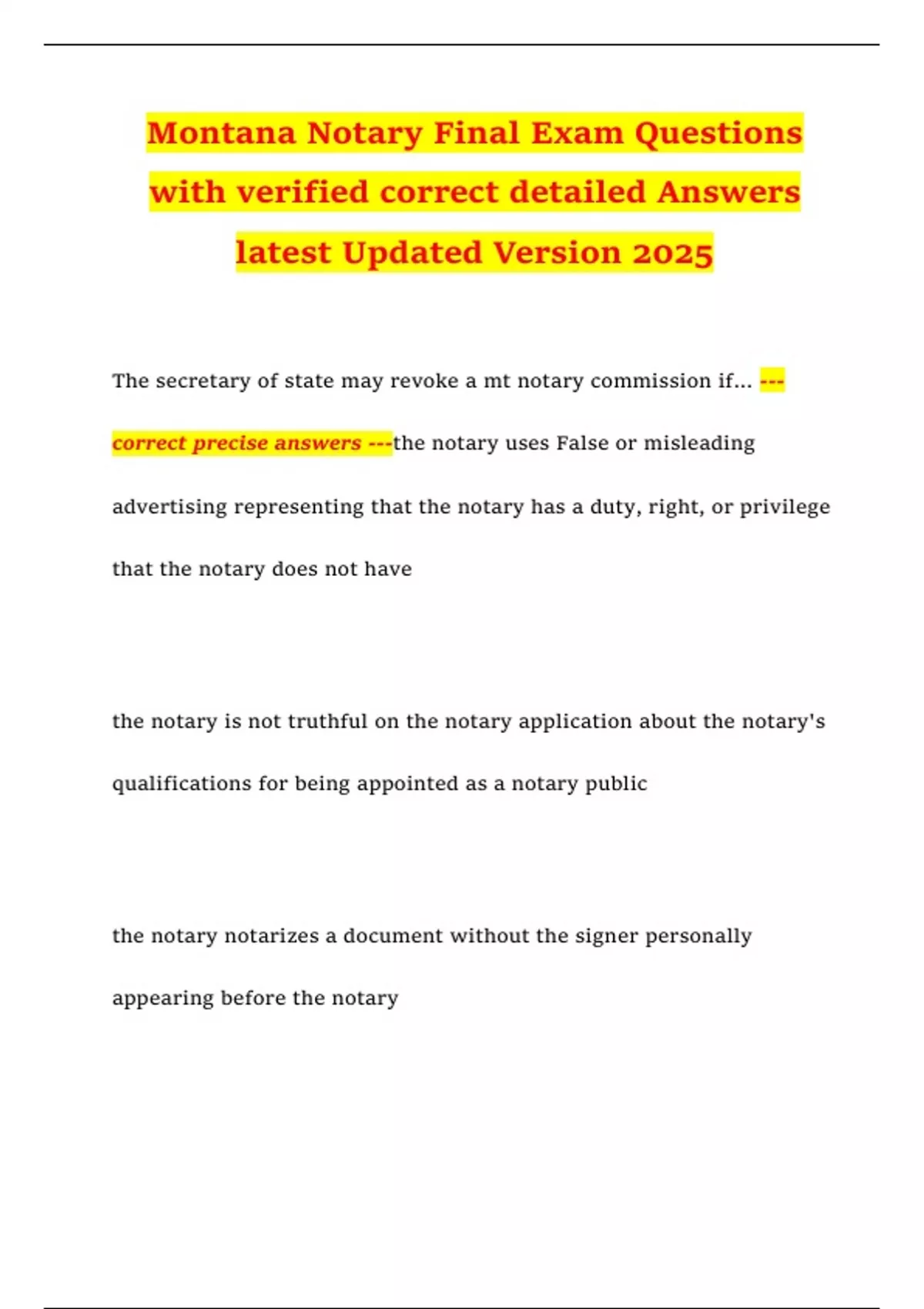 Montana Notary Final Exam Questions with verified correct detailed ...