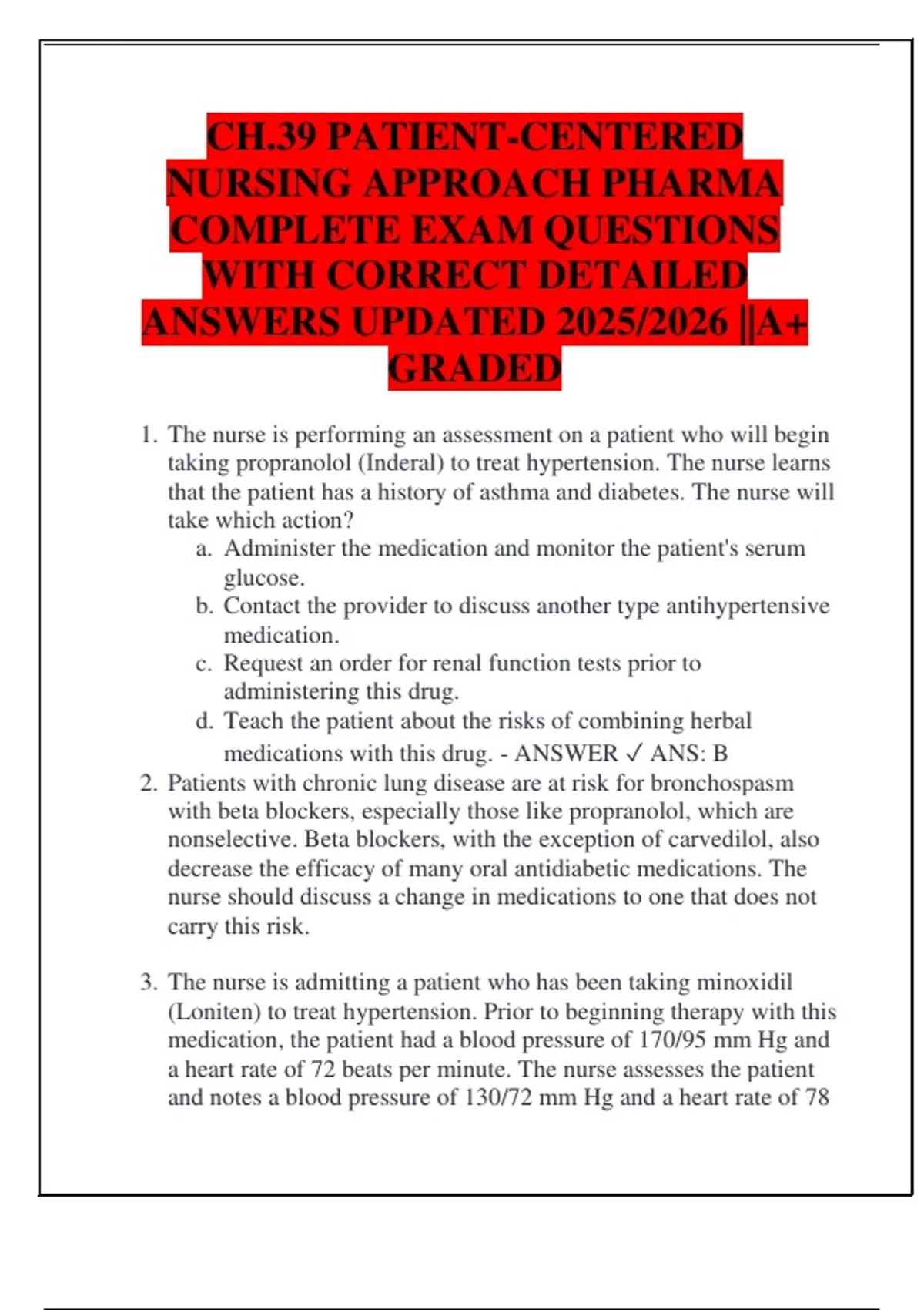 CH.39 PATIENT-CENTERED NURSING APPROACH PHARMA COMPLETE EXAM QUESTIONS ...