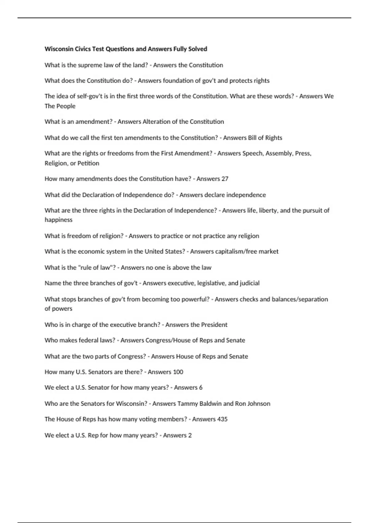 Wisconsin Civics Test Questions and Answers Fully Solved - Wisconsin ...