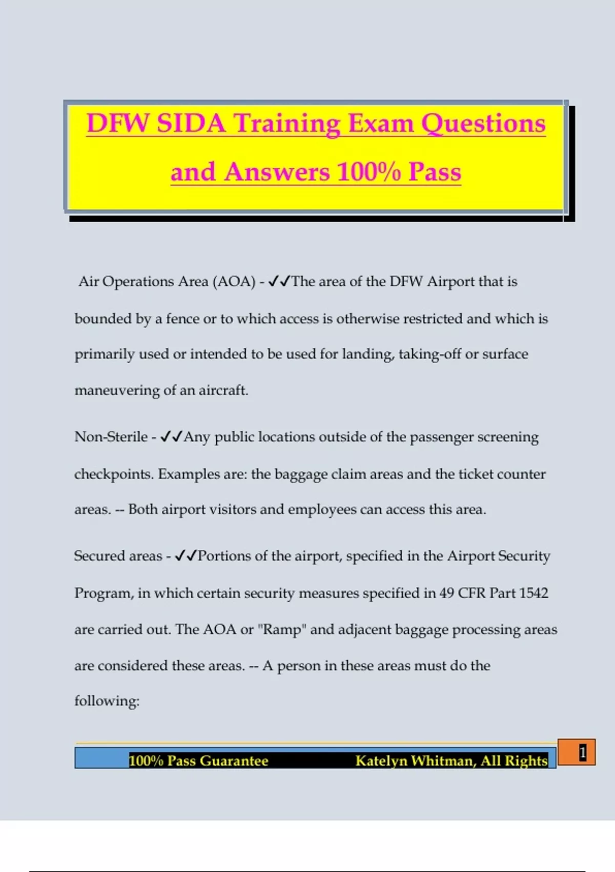 DFW SIDA Training Exam Questions and Answers 100% Pass - SIDA - Stuvia US