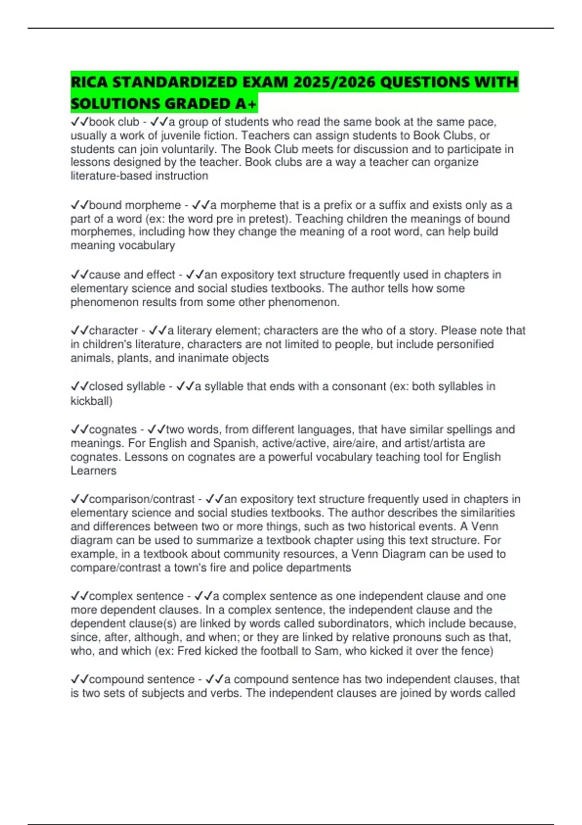 RICA STANDARDIZED EXAM 2025/2026 QUESTIONS WITH SOLUTIONS GRADED A+ ...