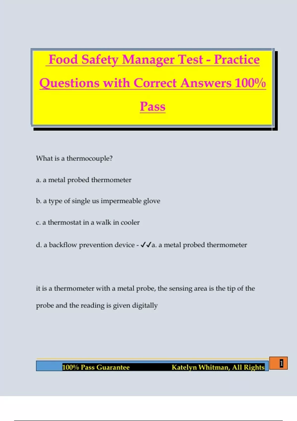 Food Safety Manager Test - Practice Questions with Correct Answers 100% ...