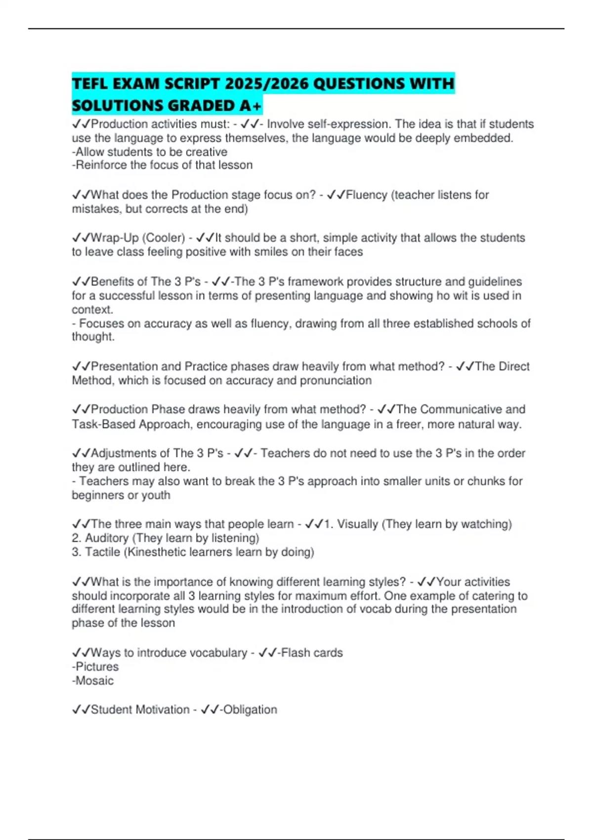 TEFL EXAM SCRIPT 2025/2026 QUESTIONS WITH SOLUTIONS GRADED A+ - TEFL ...