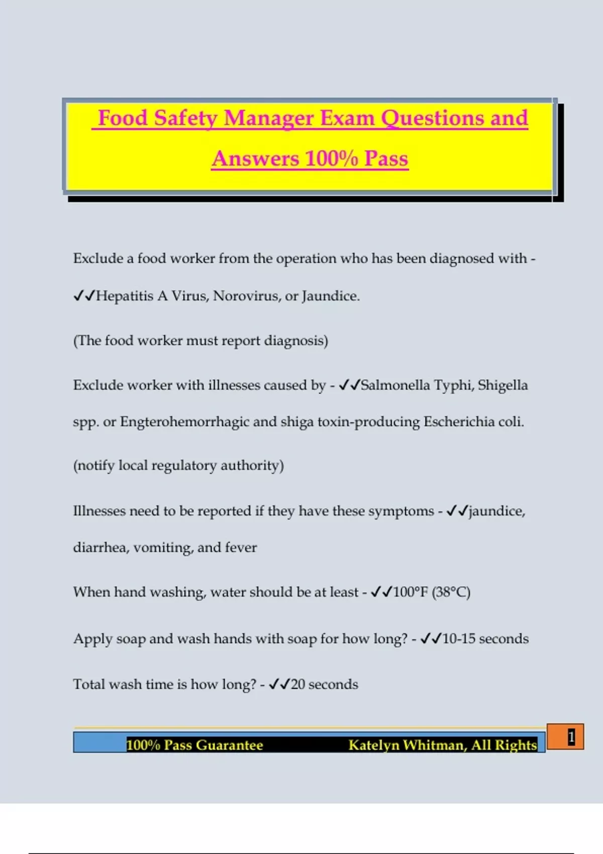 Food Safety Manager Exam Questions and Answers 100% Pass - Food safety ...