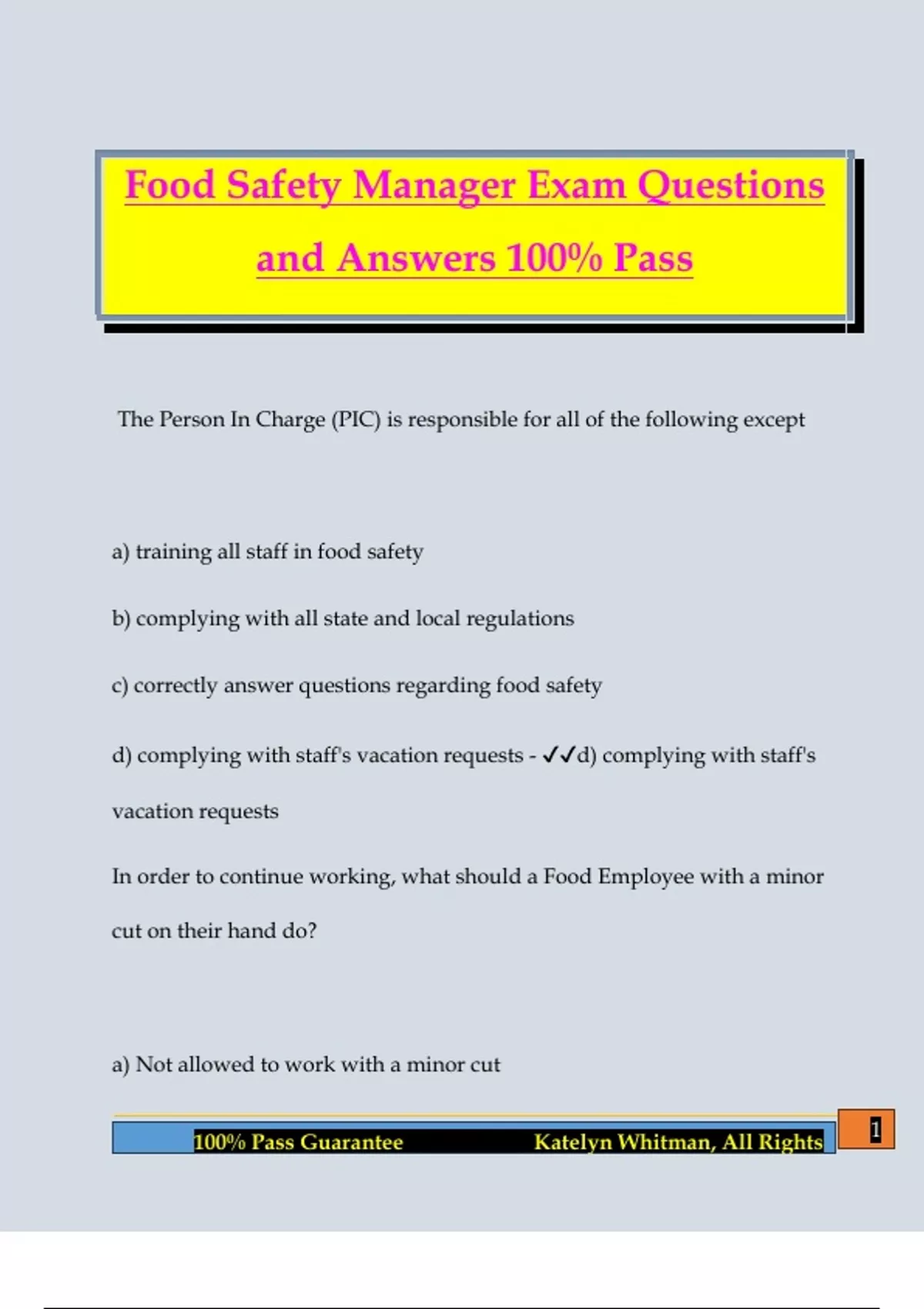 Food Safety Manager Exam Questions and Answers 100% Pass - Food safety ...