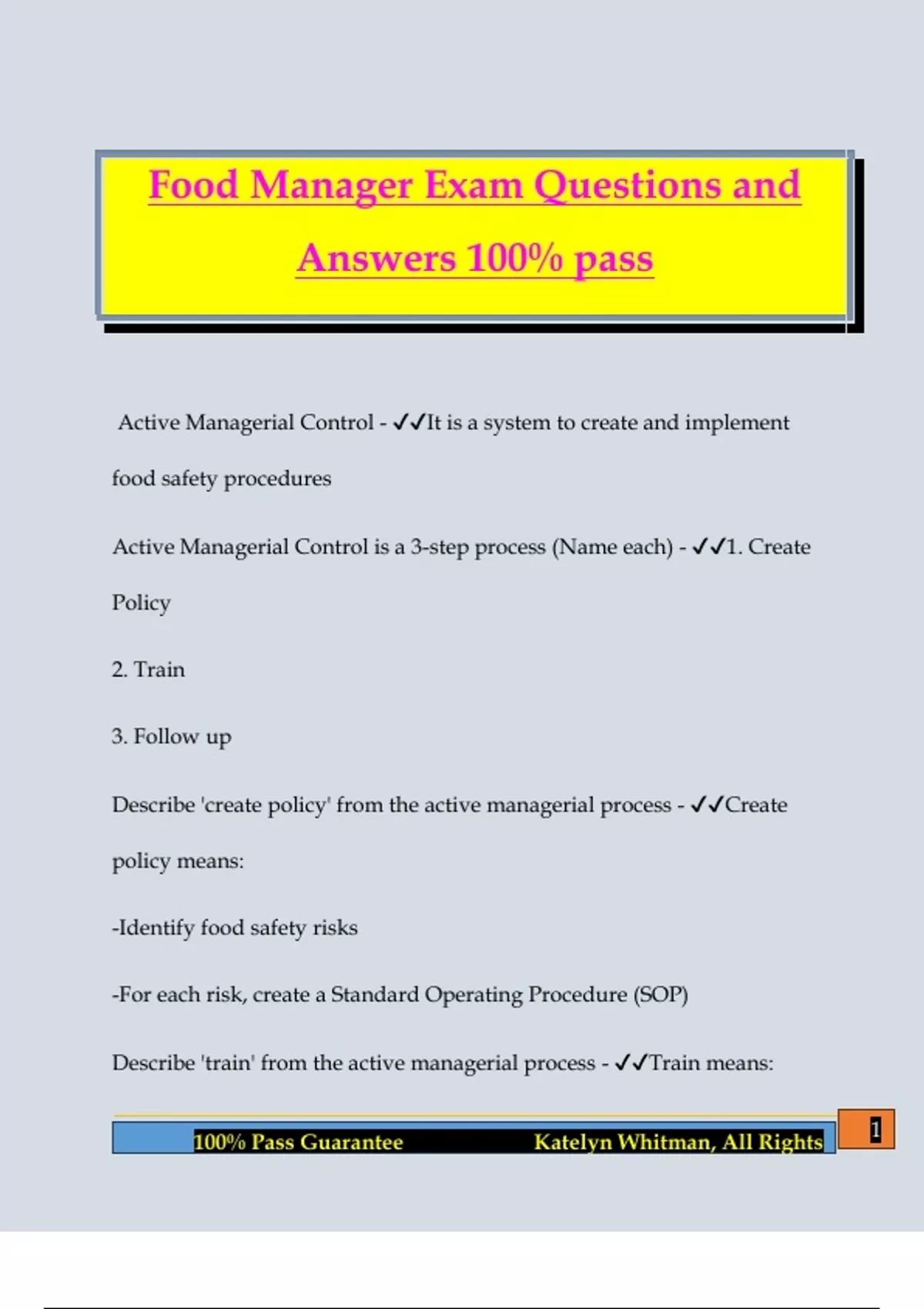 Food Manager Exam Questions and Answers 100% pass - Food safety manager ...