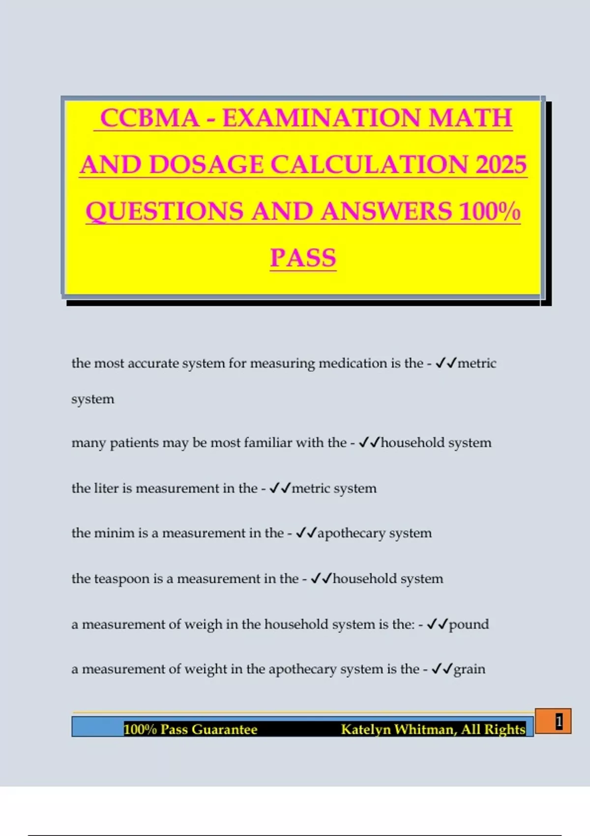 CCBMA - EXAMINATION MATH AND DOSAGE CALCULATION 2025 QUESTIONS AND ...