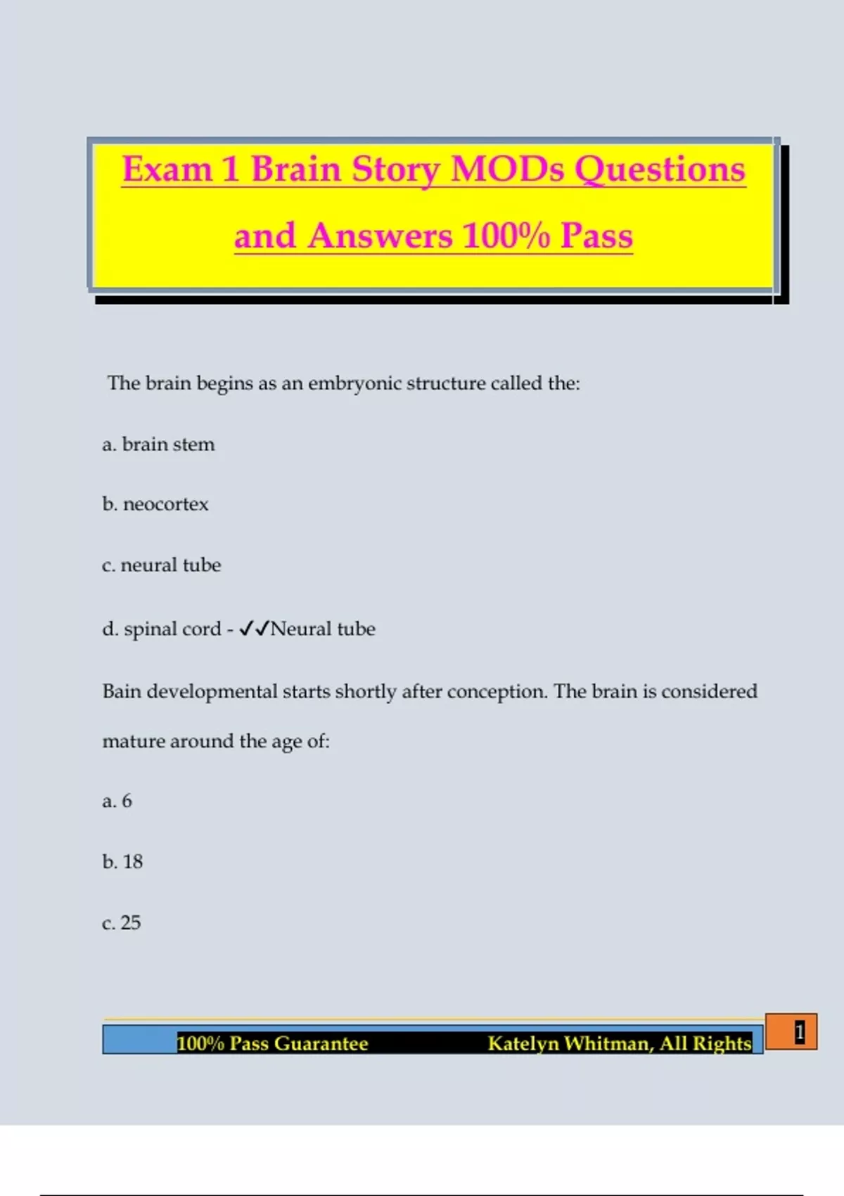 Exam 1 Brain Story MODs Questions and Answers 100% Pass - Brain story ...