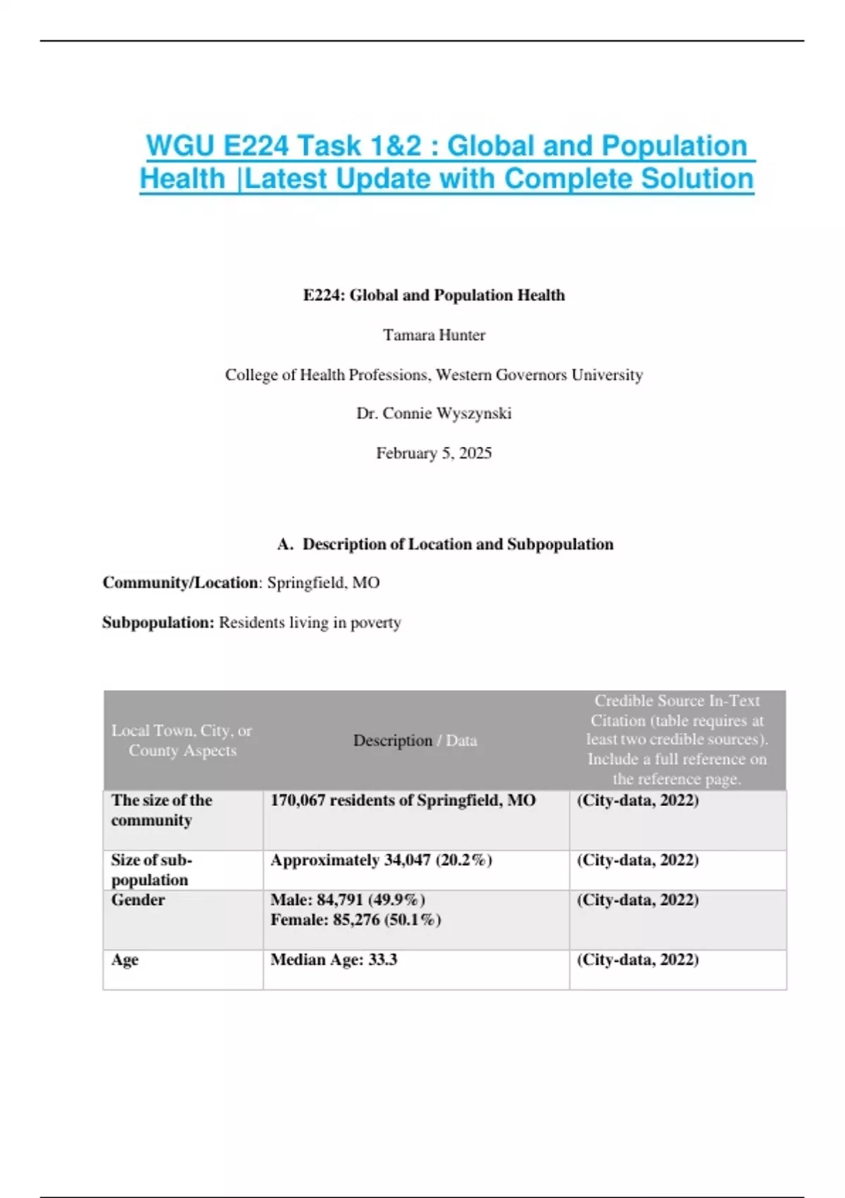 WGU E224Task 1&2 : Global and Population Health |Latest Update with ...