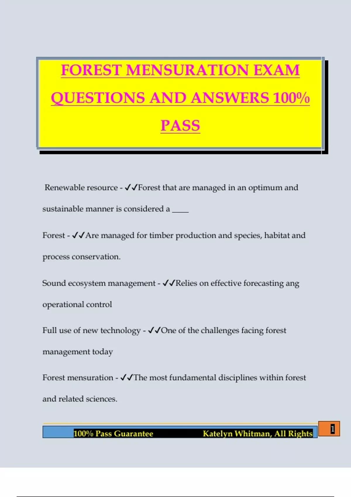FOREST MENSURATION EXAM QUESTIONS AND ANSWERS 100% PASS - Forestry ...