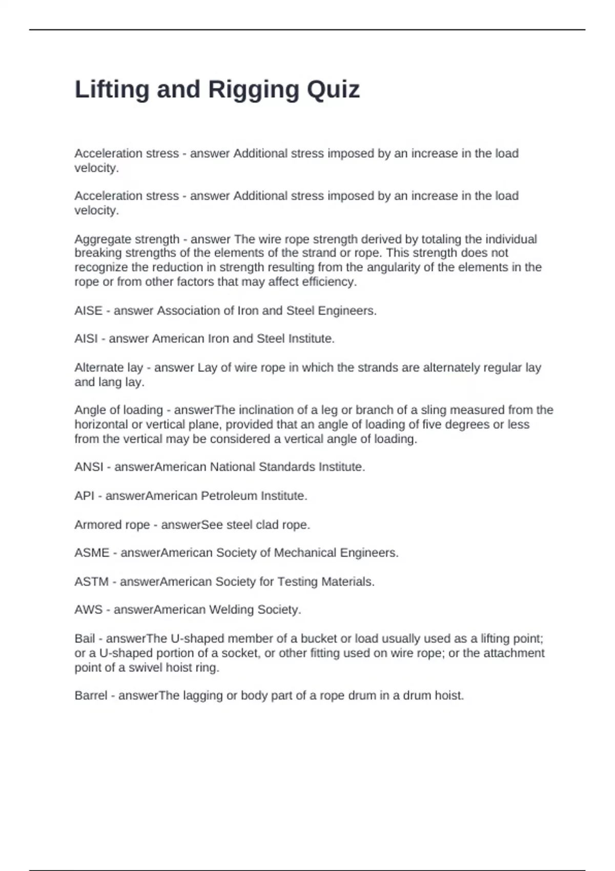 Lifting and Rigging Quiz Questions and Answers 100%Correct - Lifting ...