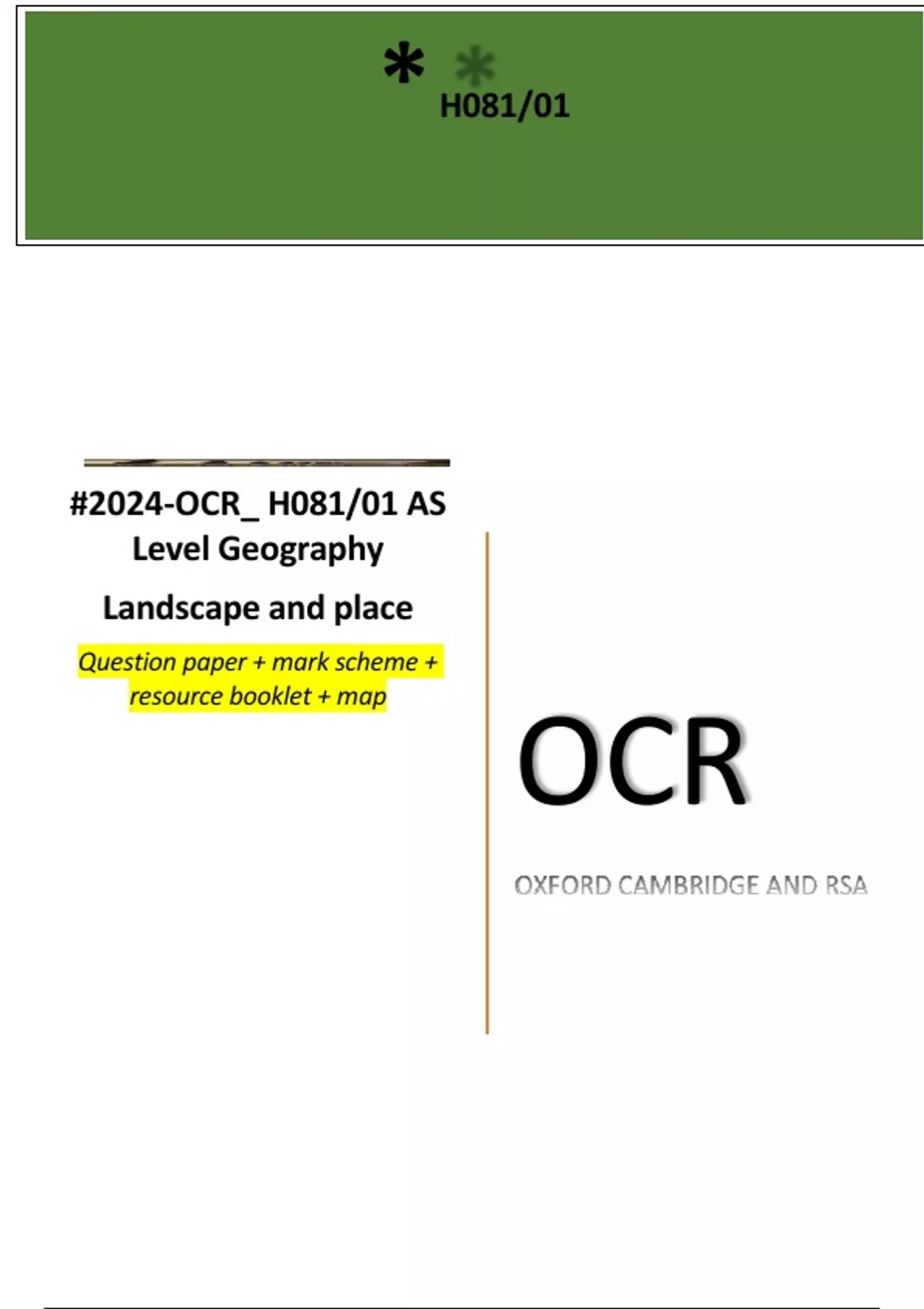 #2024-OCR_ H081/01 AS Level Geography Landscape and place Question paper + mark scheme ...