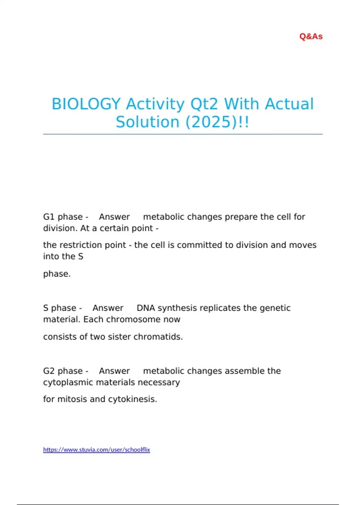 BIOLOGY activity qt2 With actual solution (2025)!! - BIOLOGY - Stuvia US