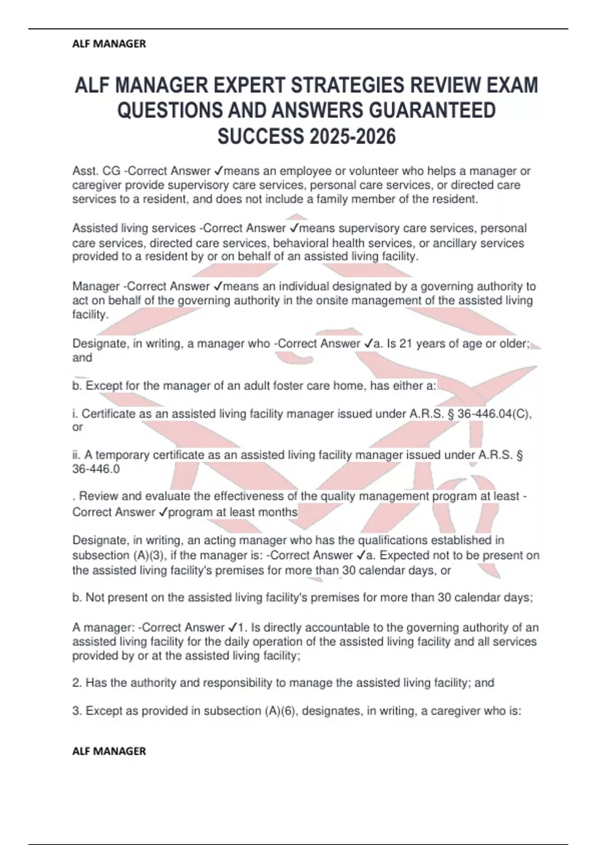 ALF MANAGER EXPERT STRATEGIES REVIEW EXAM QUESTIONS AND ANSWERS ...