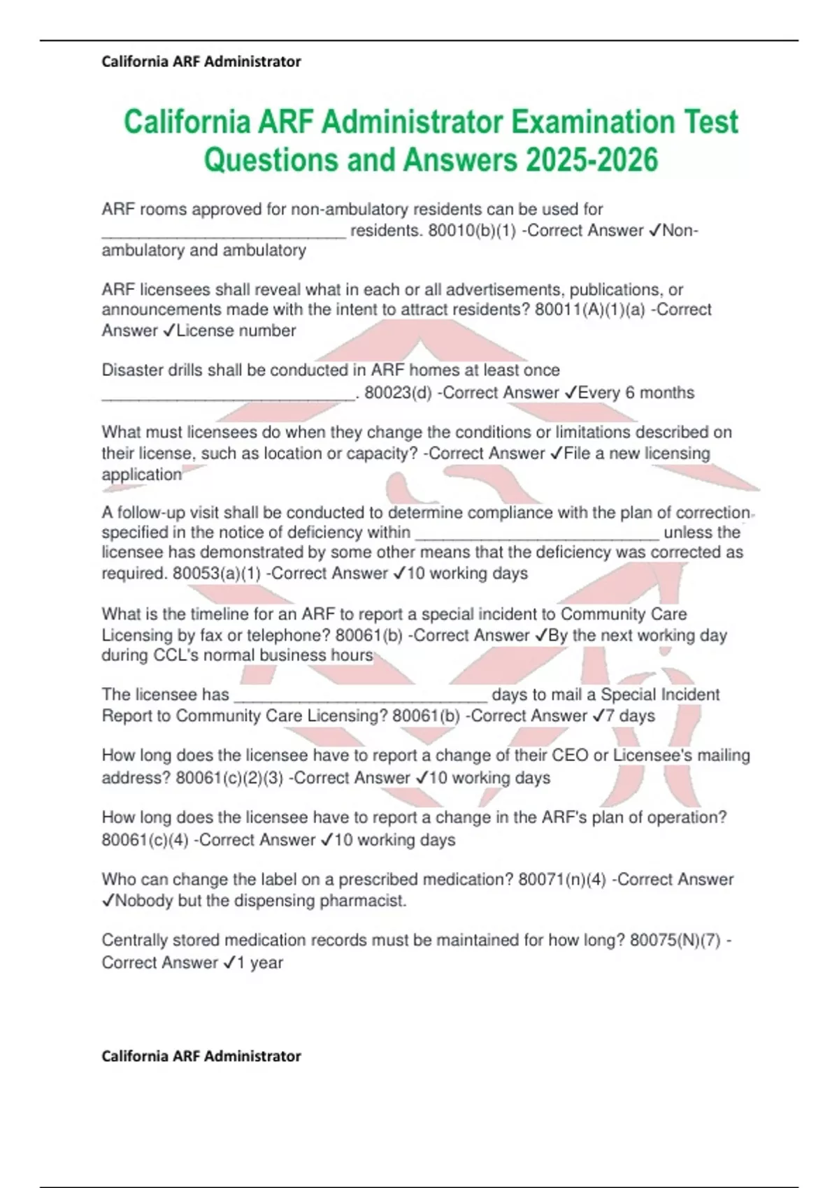 California ARF Administrator Examination Test Questions and Answers ...