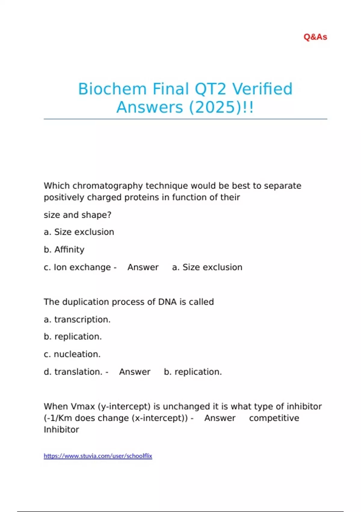 Biochem Final QT2 Verified Answers (2025)!! - Biochem - Stuvia US