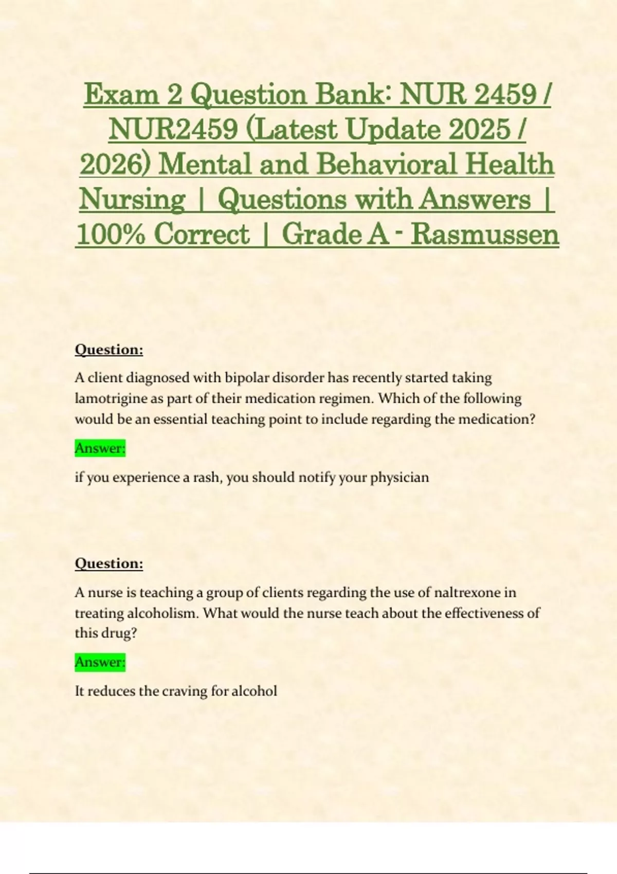 Exam 2 Question Bank: NUR 2459 / NUR2459 (Latest Update 2025 / 2026 ...