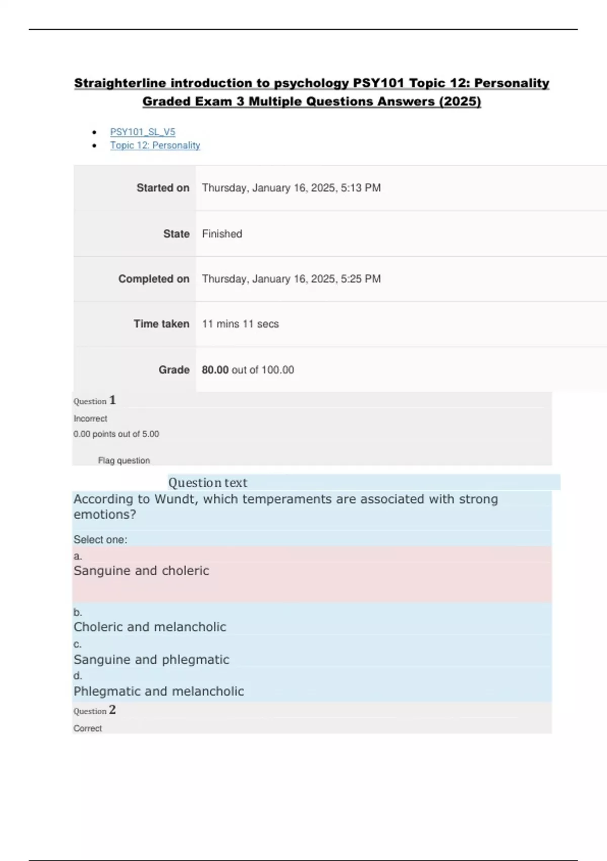 Straighterline introduction to psychology PSY101 Topic 12: Personality Graded Exam 3 Multiple ...