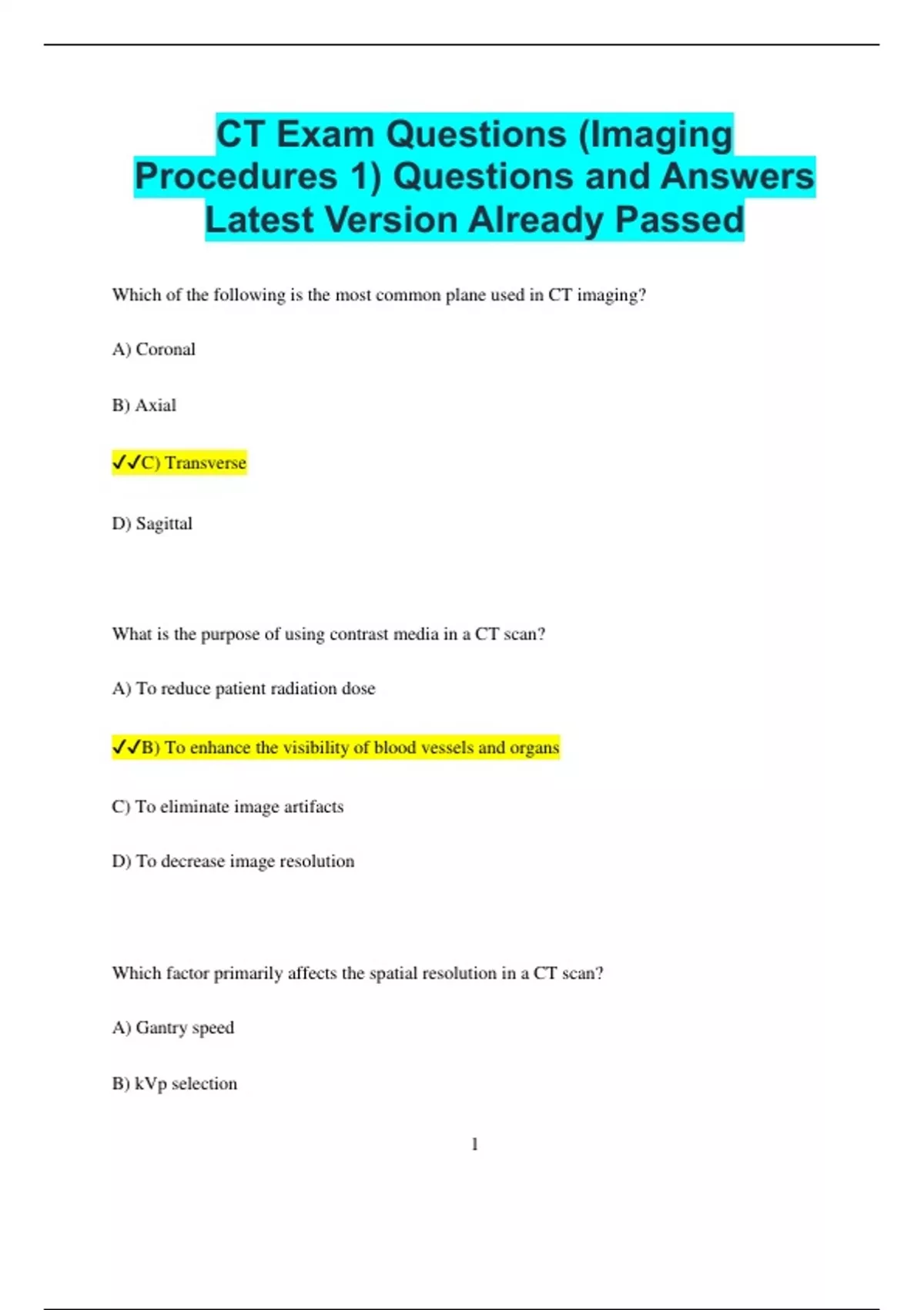 CT Exam Questions (Imaging Procedures 1) Questions and Answers Latest ...