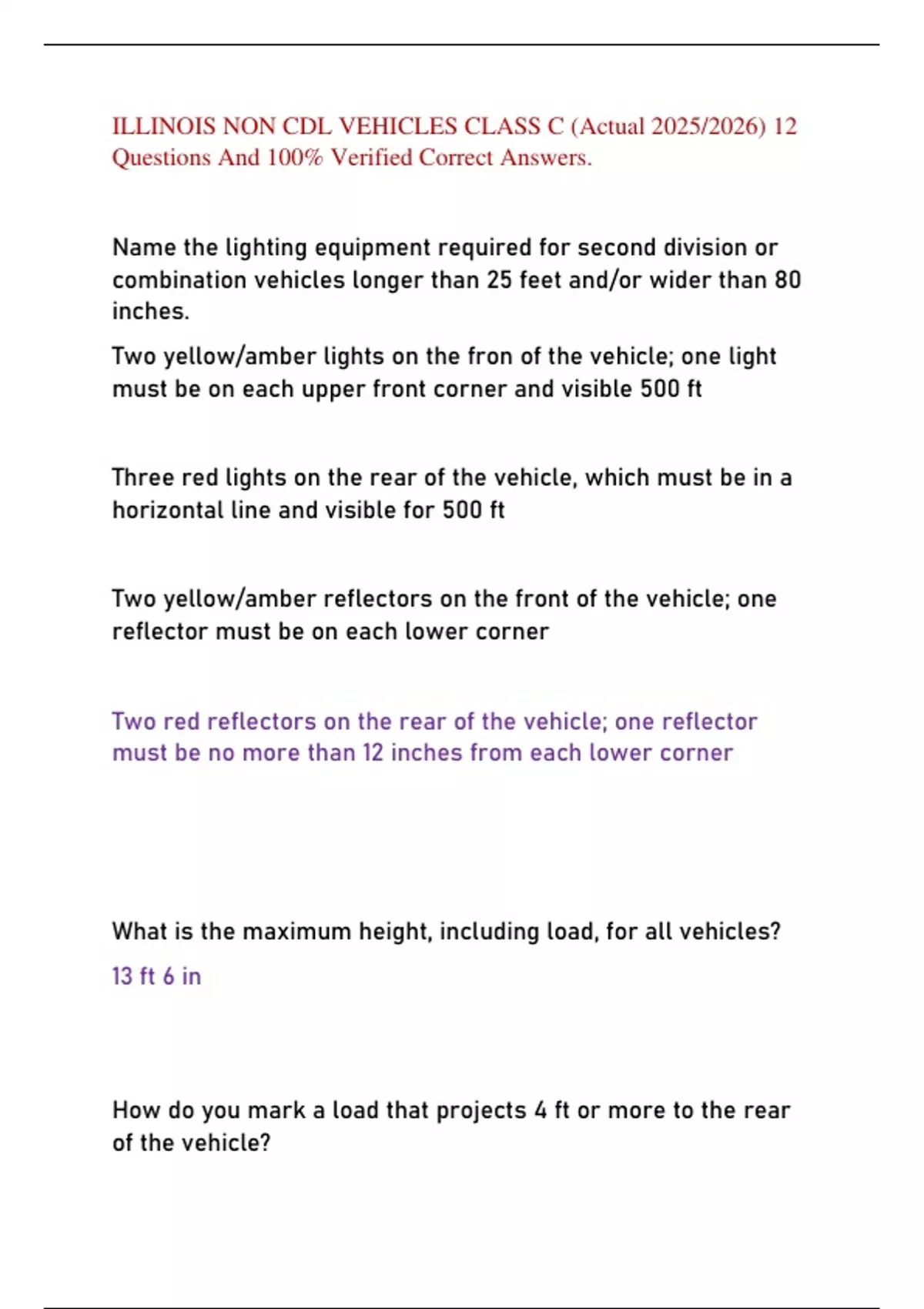 ILLINOIS NON CDL VEHICLES CLASS C (Actual 2025/2026) 12 Questions And ...