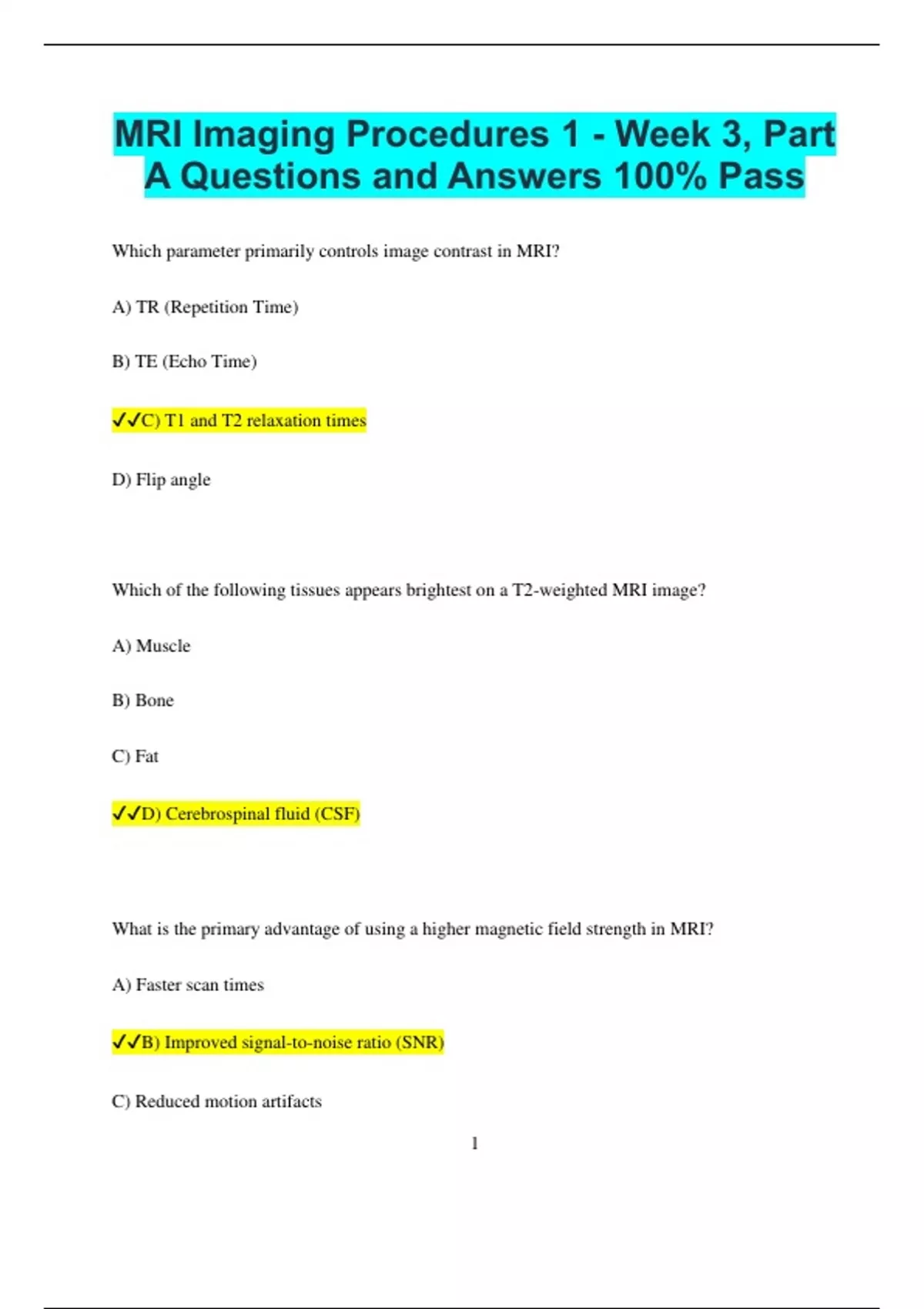 MRI Imaging Procedures 1 - Week 3, Part A Questions and Answers 100% Pass - MRI Imaging ...