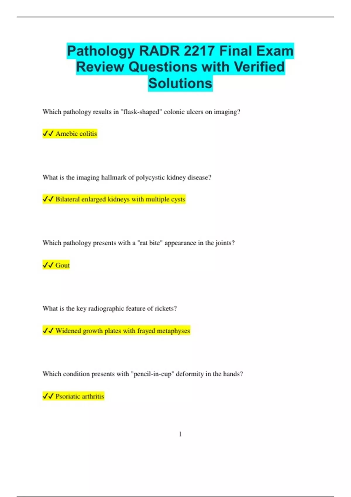 Pathology RADR 2217 Final Exam Review Questions with Verified Solutions ...
