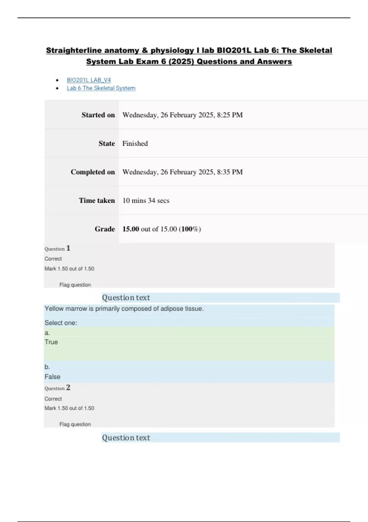 Straighterline anatomy & physiology I lab BIO201L Lab 6: The Skeletal System Lab Exam 6 (2025 ...