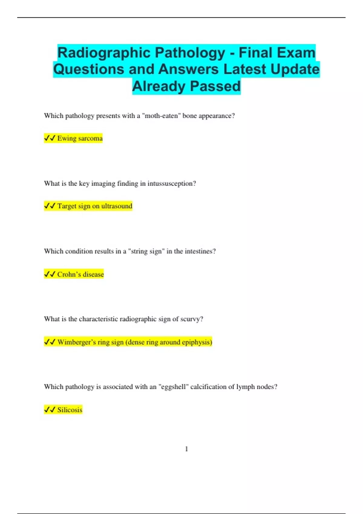 Radiographic Pathology - Final Exam Questions and Answers Latest Update ...