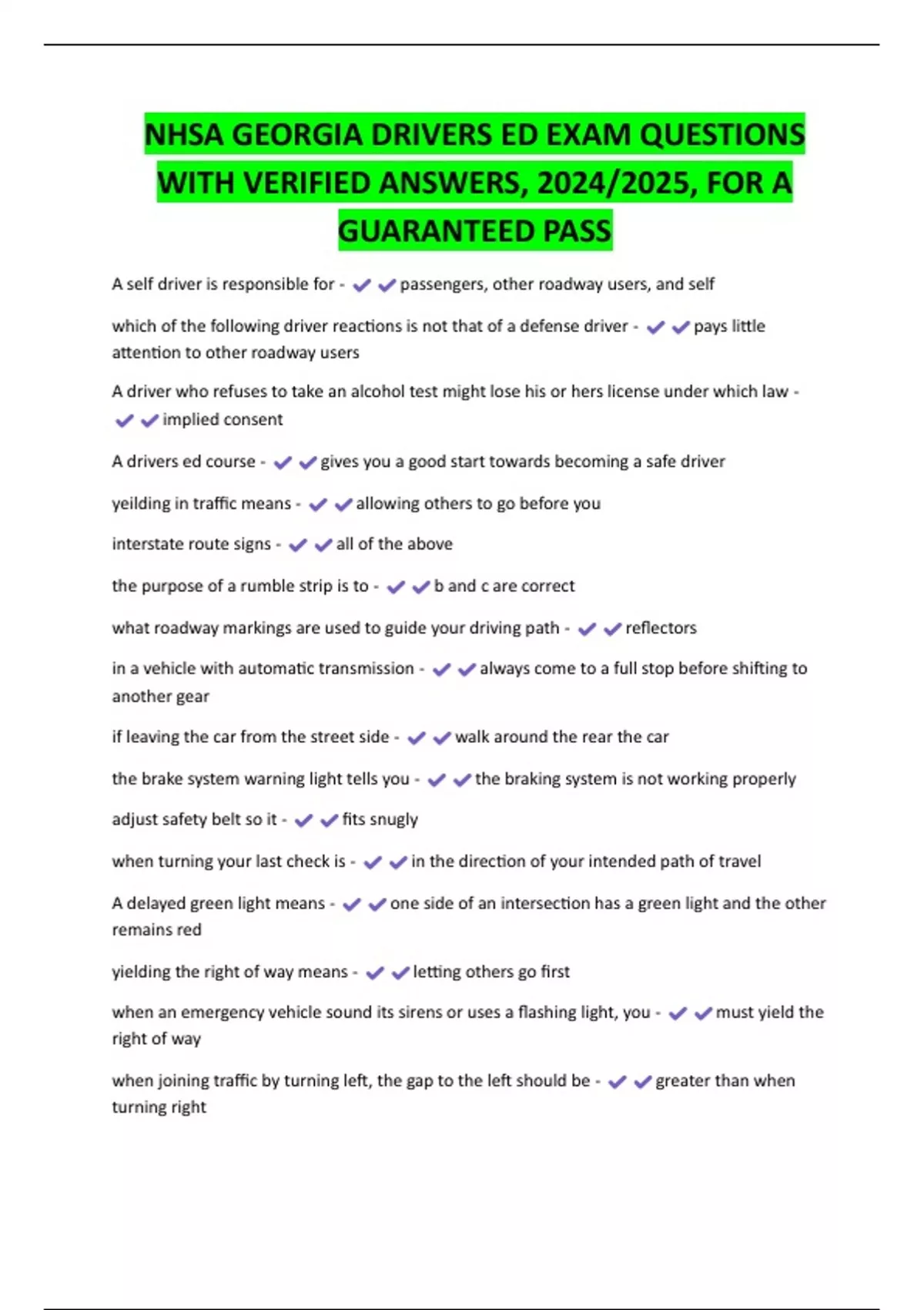 NHSA GEORGIA DRIVERS ED EXAM QUESTIONS WITH ANSWERS, 2024/2025, FOR A ...