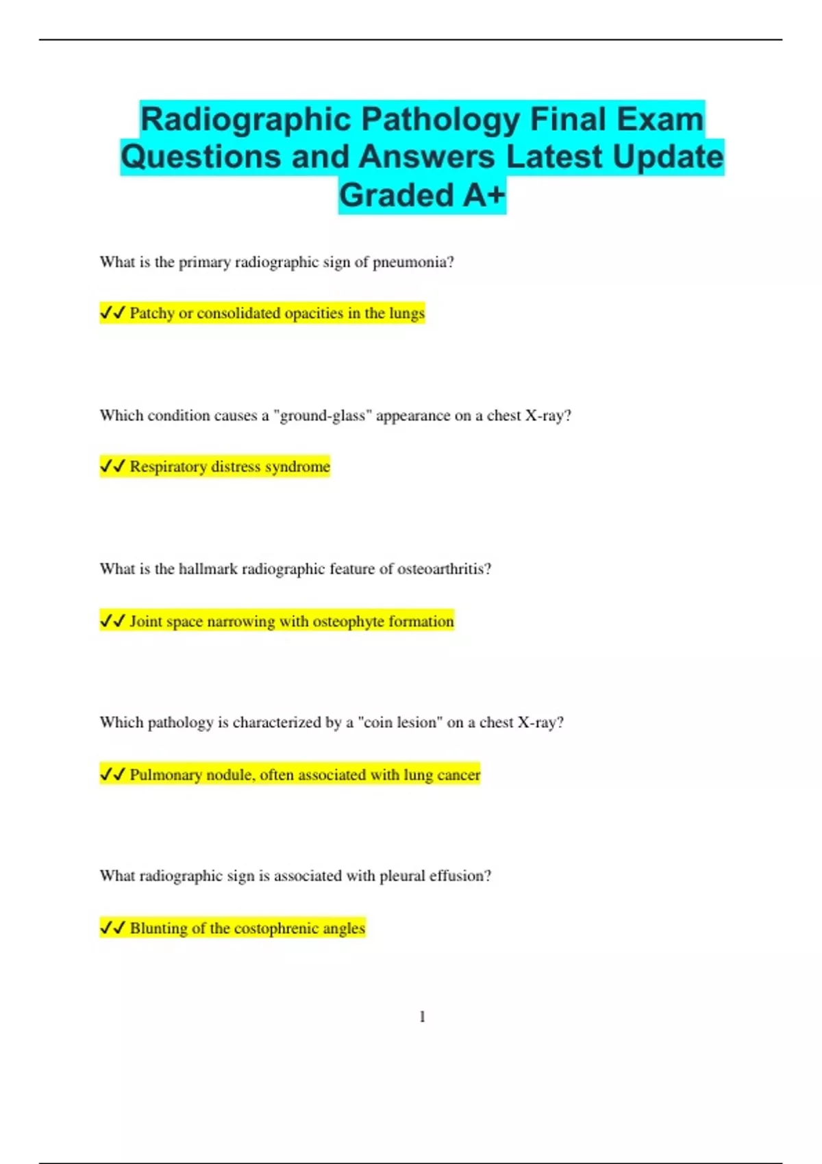 Radiographic Pathology Final Exam Questions and Answers Latest Update ...
