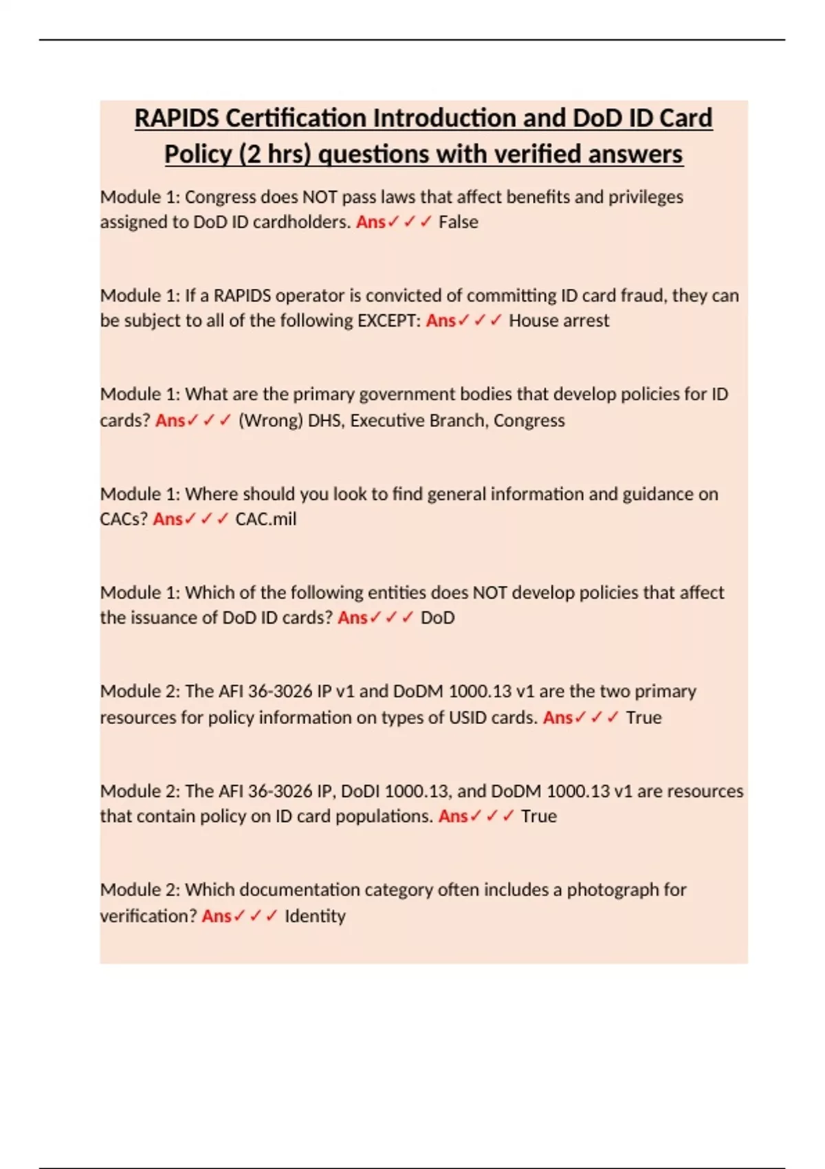 RAPIDS Certification Introduction and DoD ID Card Policy (2 hrs ...