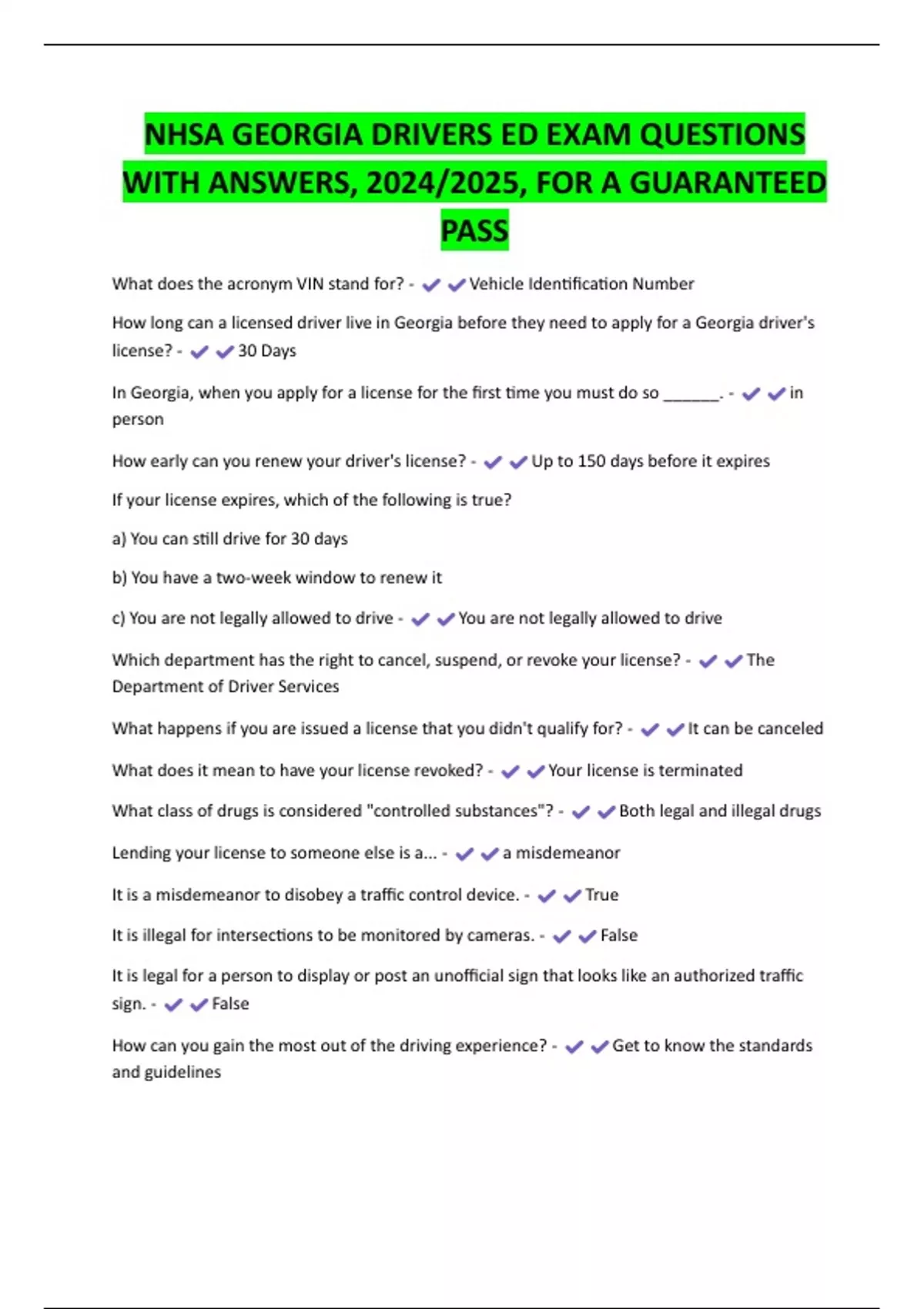 NHSA GEORGIA DRIVERS ED EXAM QUESTIONS WITH ANSWERS, 2024/2025, FOR A ...