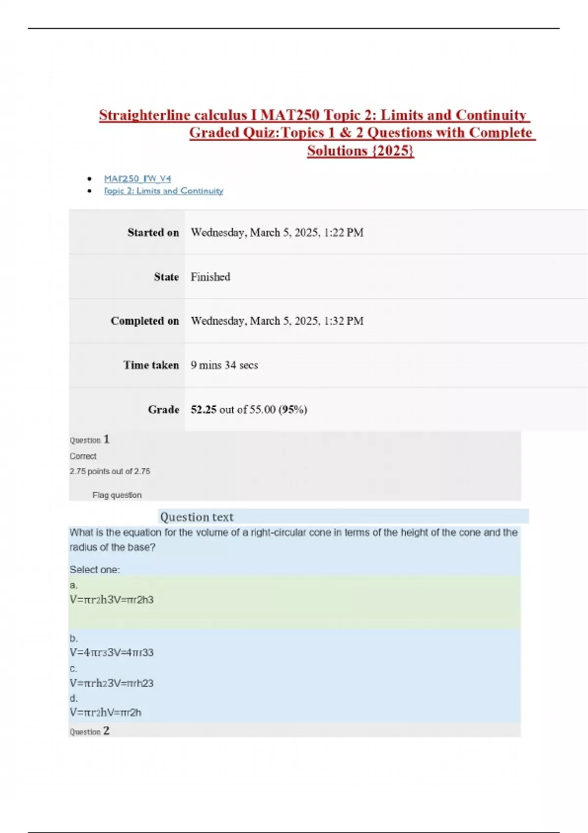 Straighterline calculus I MAT250 Topic 2: Limits and Continuity Graded ...