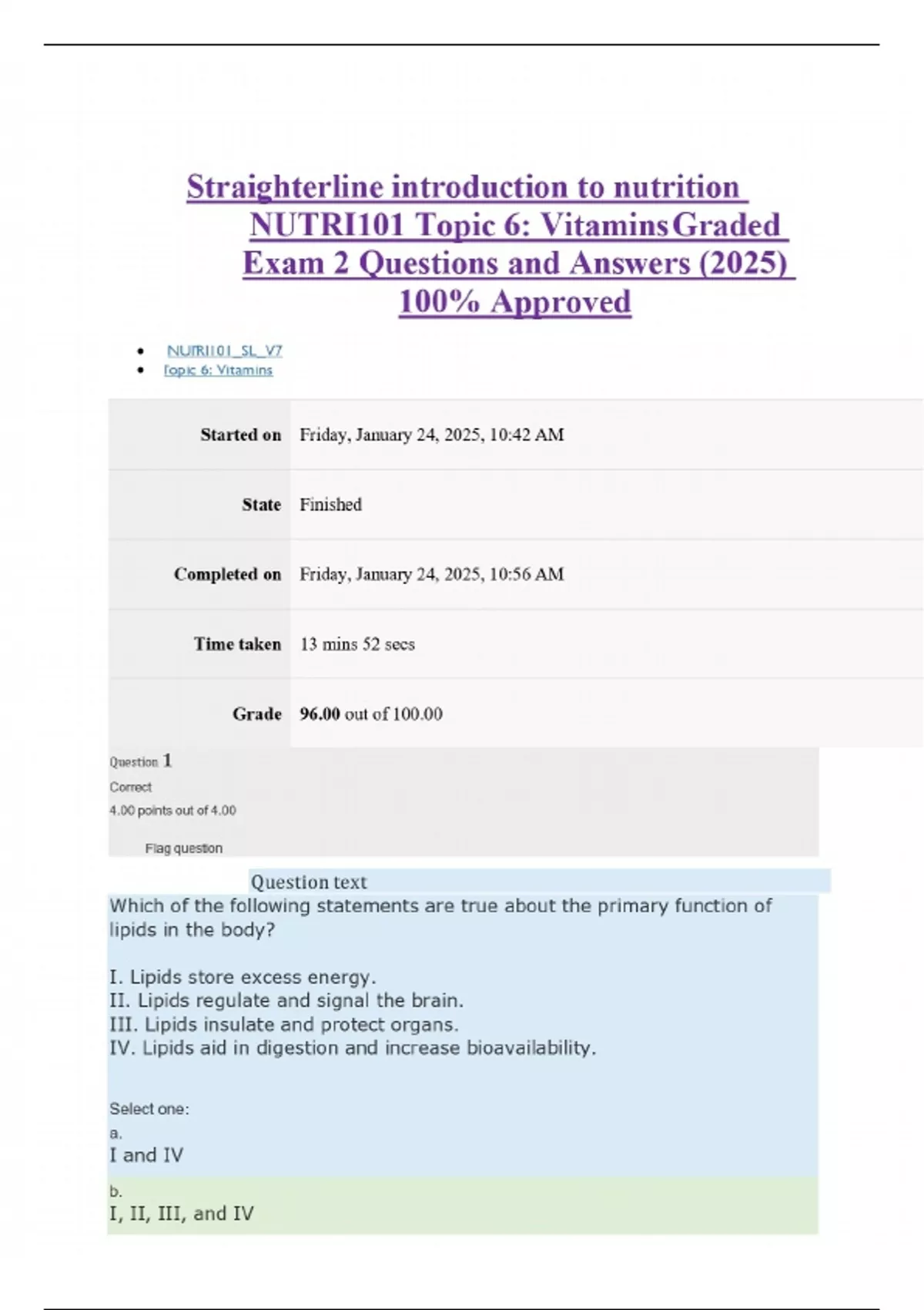 Straighterline introduction to nutrition NUTRI101 Topic 6: Vitamins Graded Exam 2 Questions and ...