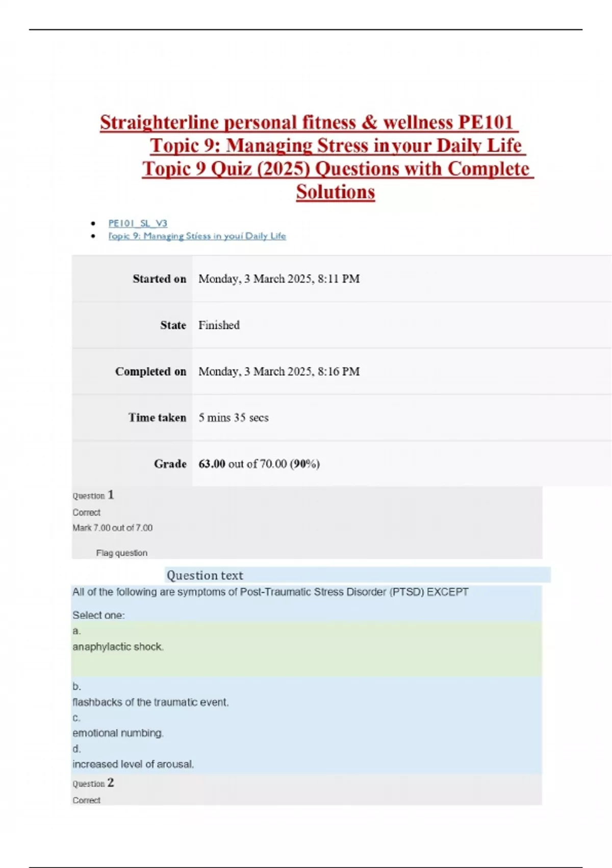 Straighterline personal fitness & wellness PE101 Topic 9: Managing Stress in your Daily Life ...