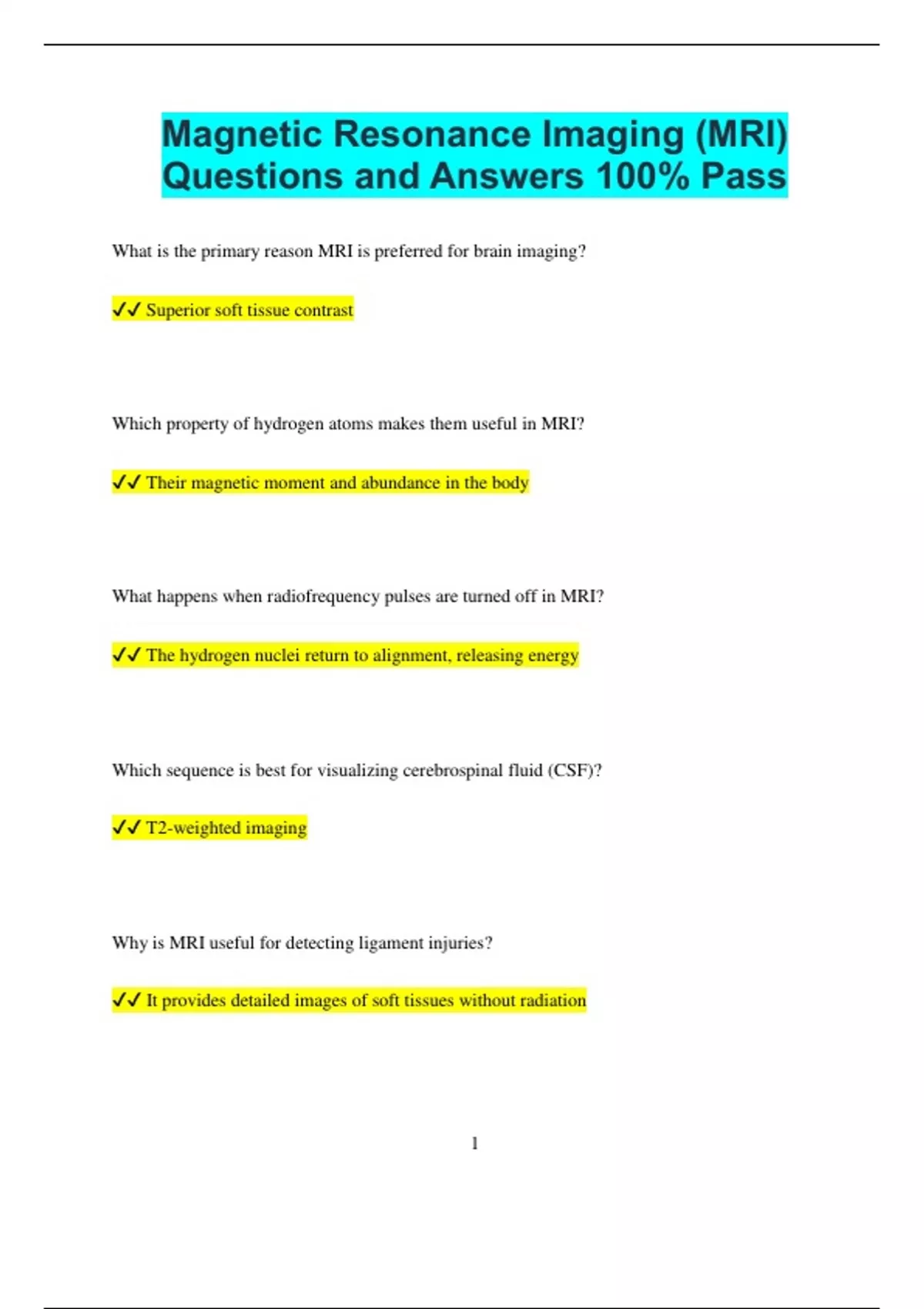 Magnetic Resonance Imaging (MRI) Questions and Answers 100% Pass - Magnetic Resonance Imaging ...