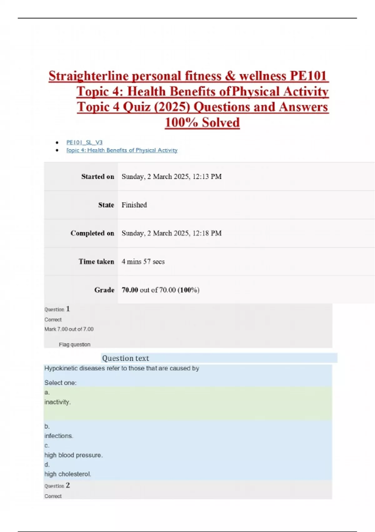 Straighterline personal fitness & wellness PE101 Topic 4: Health Benefits of Physical Activity ...