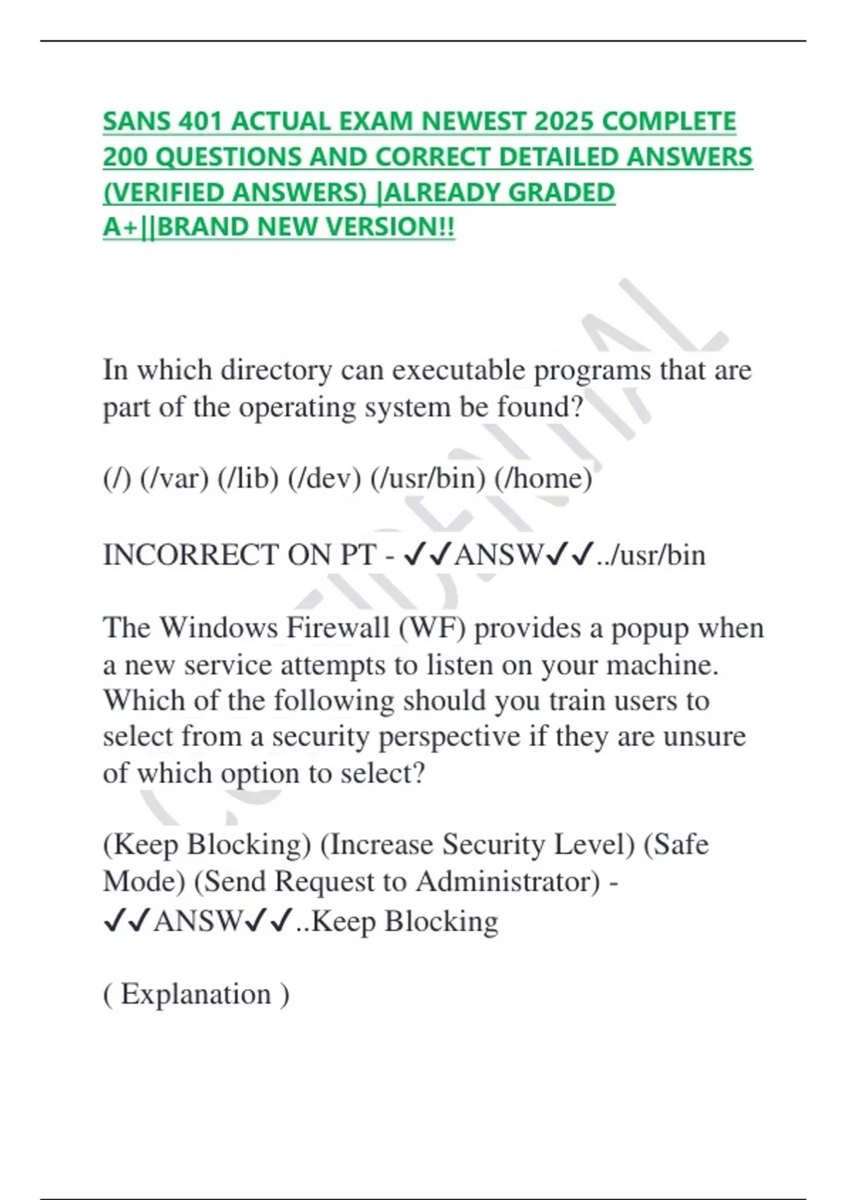 SANS 401 ACTUAL EXAM NEWEST 2025 COMPLETE 200 QUESTIONS AND CORRECT ...
