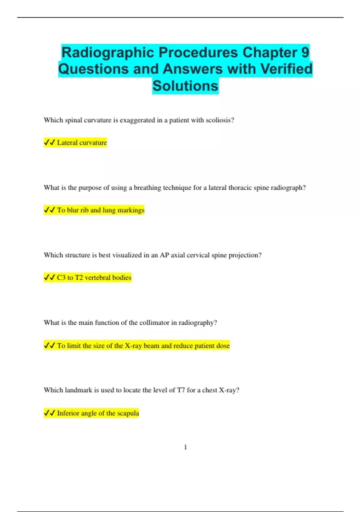 Radiographic Procedures Chapter 9 Questions and Answers with Verified ...