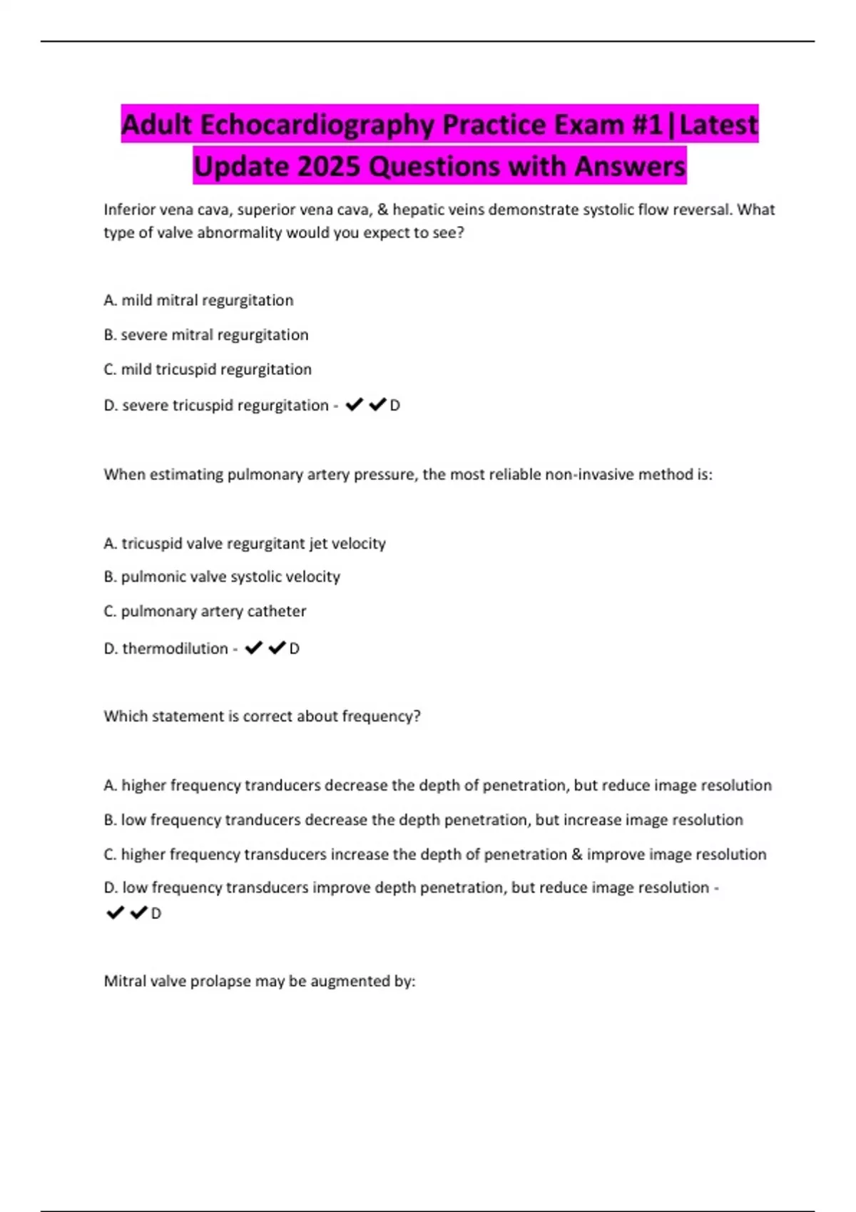 Adult Echocardiography Practice Exam #1|Latest Update 2025 Questions ...