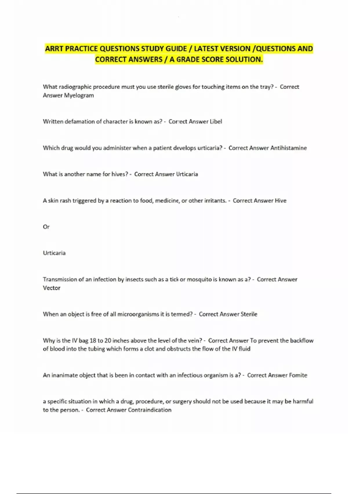 ARRT PRACTICE QUESTIONS STUDY GUIDE / LATEST VERSION /QUESTIONS AND ...